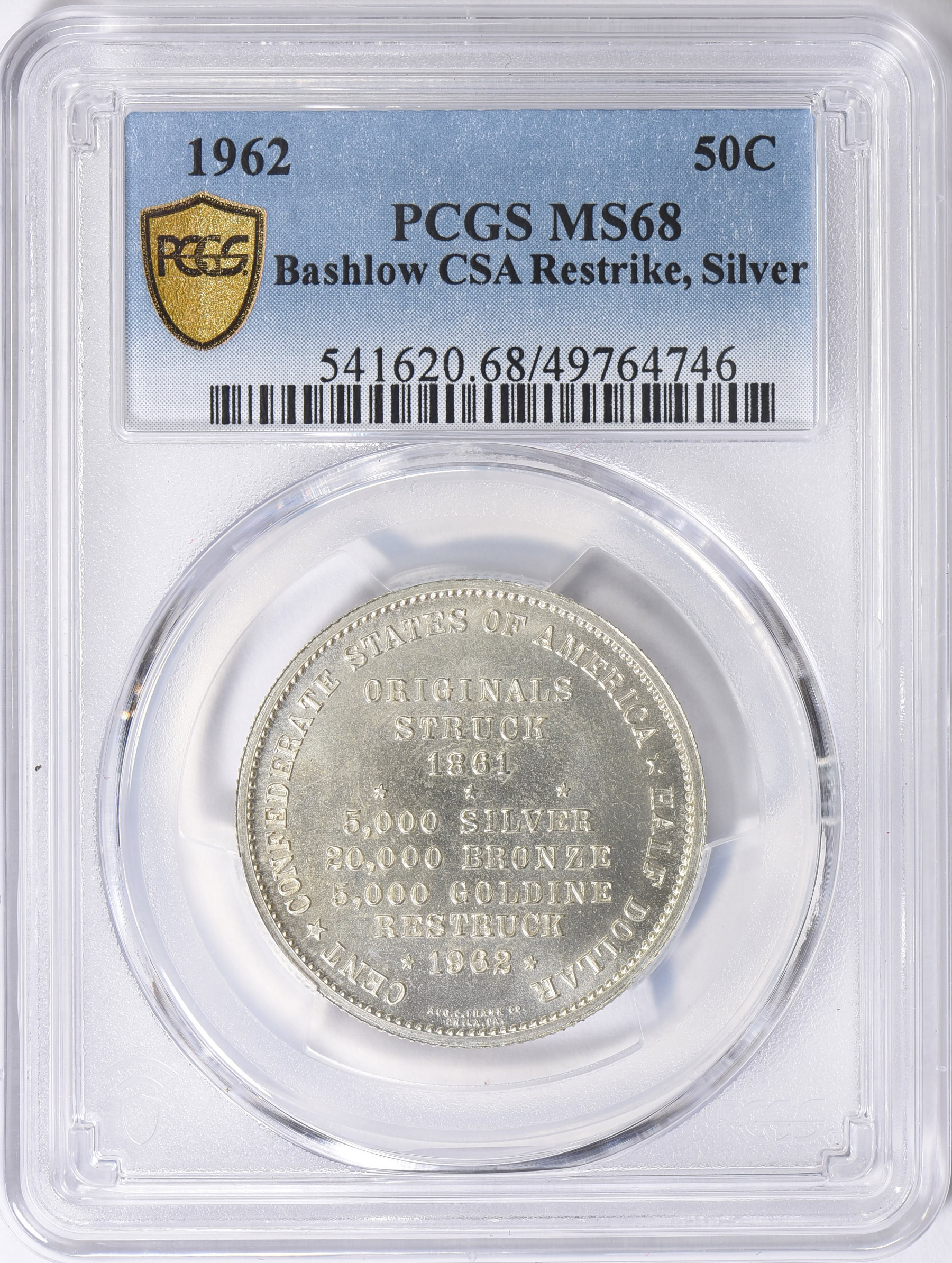 1962 Confederate States of America Half Dollar Bashlow Restrike PCGS MS ...