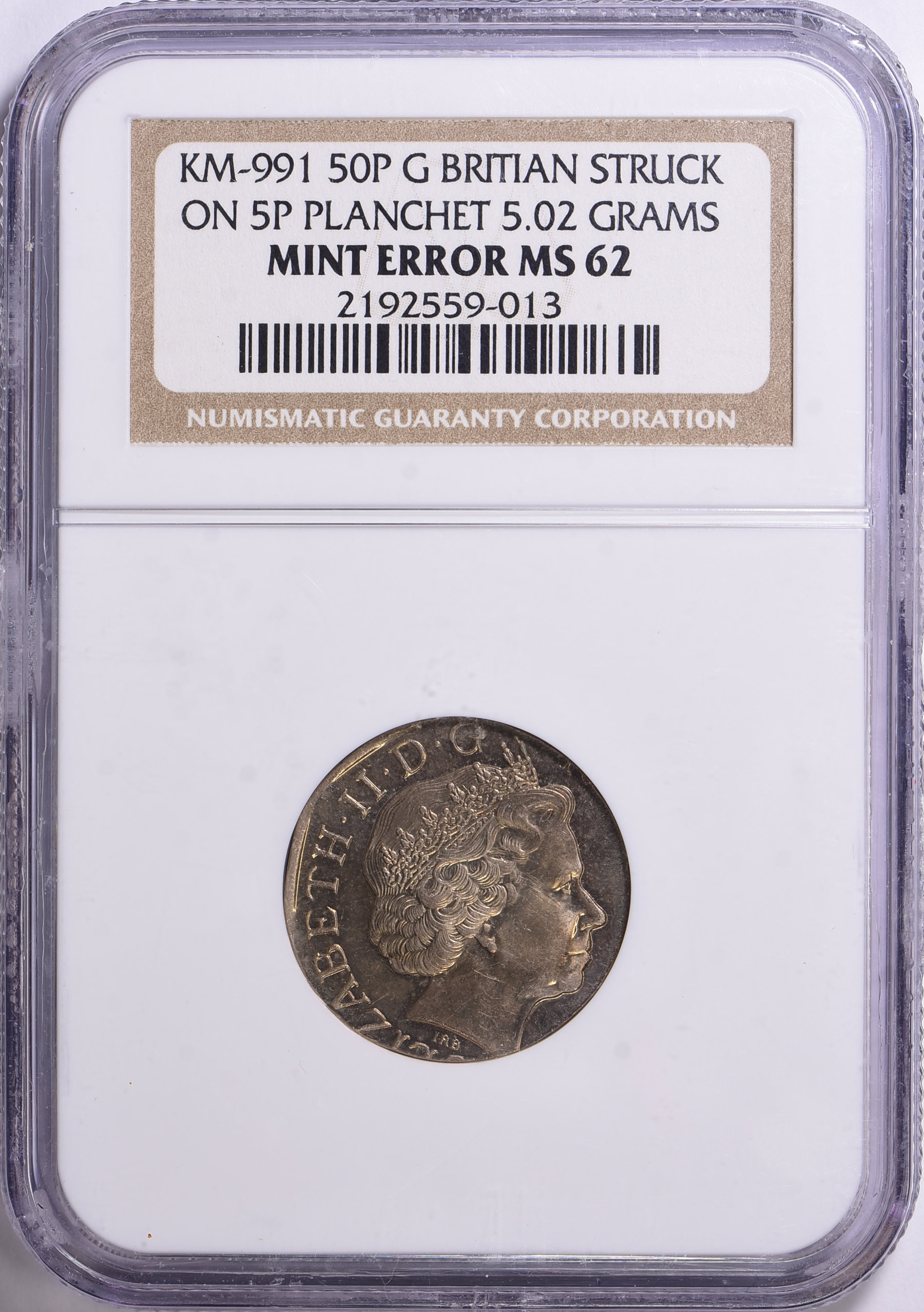 Great Britain Mint Error ND 50 Pence KM-991 Struck on 5 Pence Planchet ...
