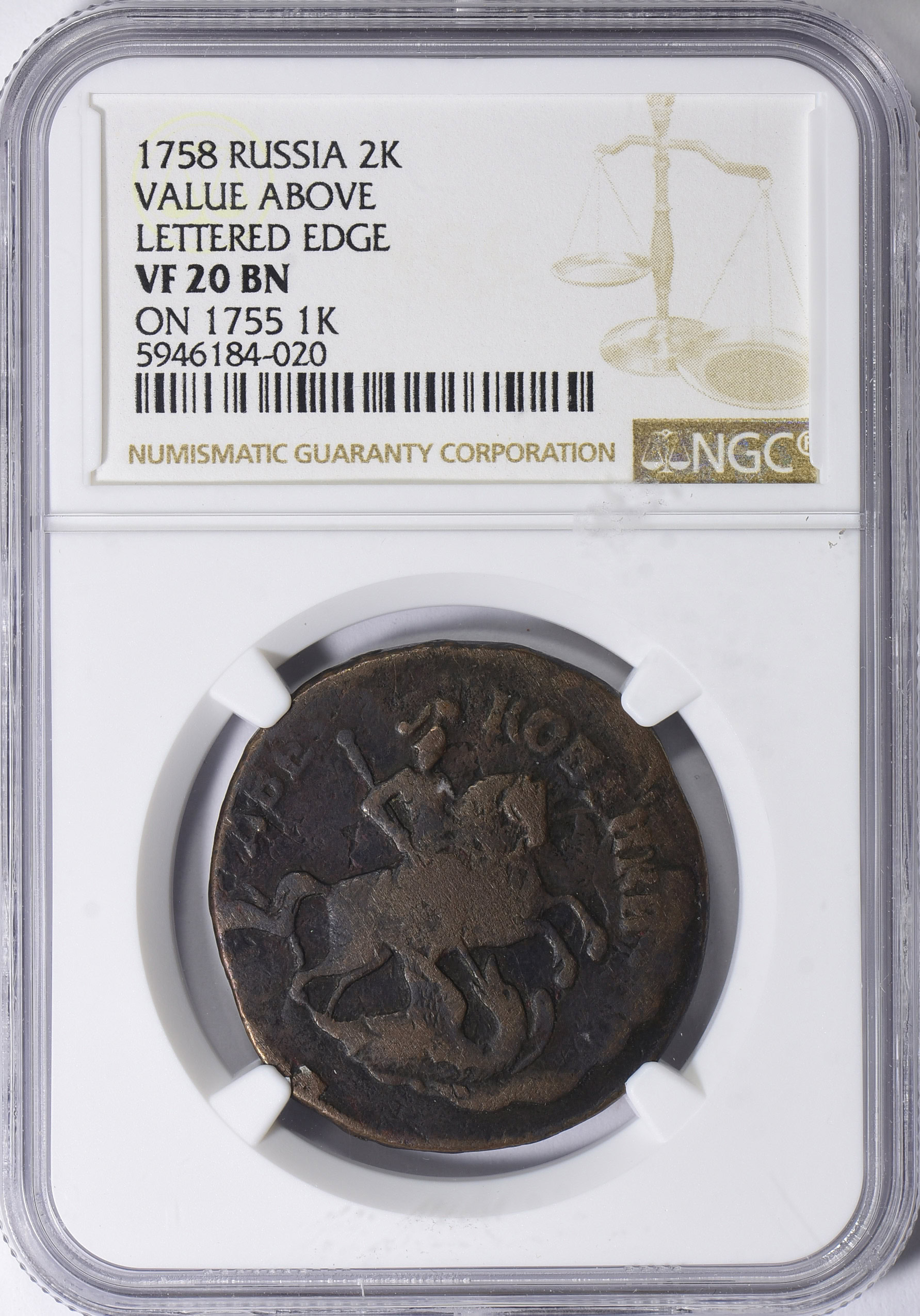 Russia 1758 2 Kopeks C-8 Overstruck on 1755 Kopek NGC VF-20 BN (Item 1730660) | GreatCollections ...