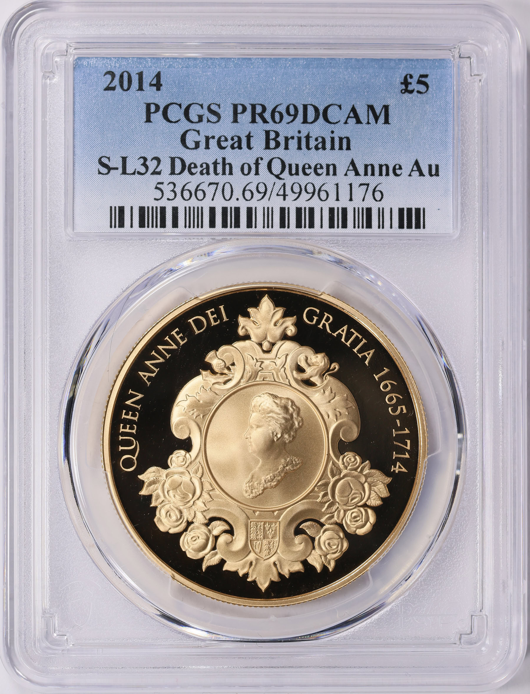 Great Britain 2014 Gold £5 Death of Queen Anne Au KM-1286 var. PCGS ...