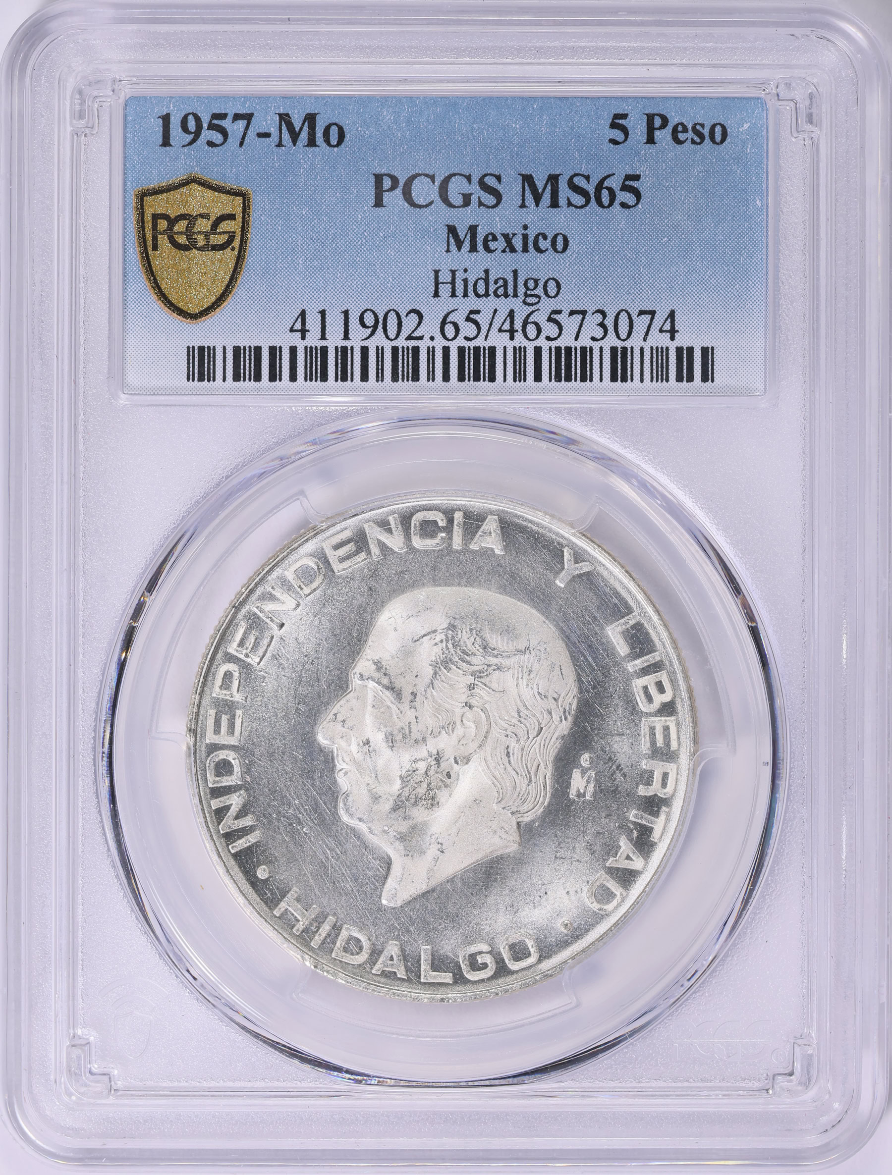 Mexico 1957-Mo Silver 5 Pesos Hidalgo KM-469 PCGS MS-65 (Item 1731087) | GreatCollections Coin ...