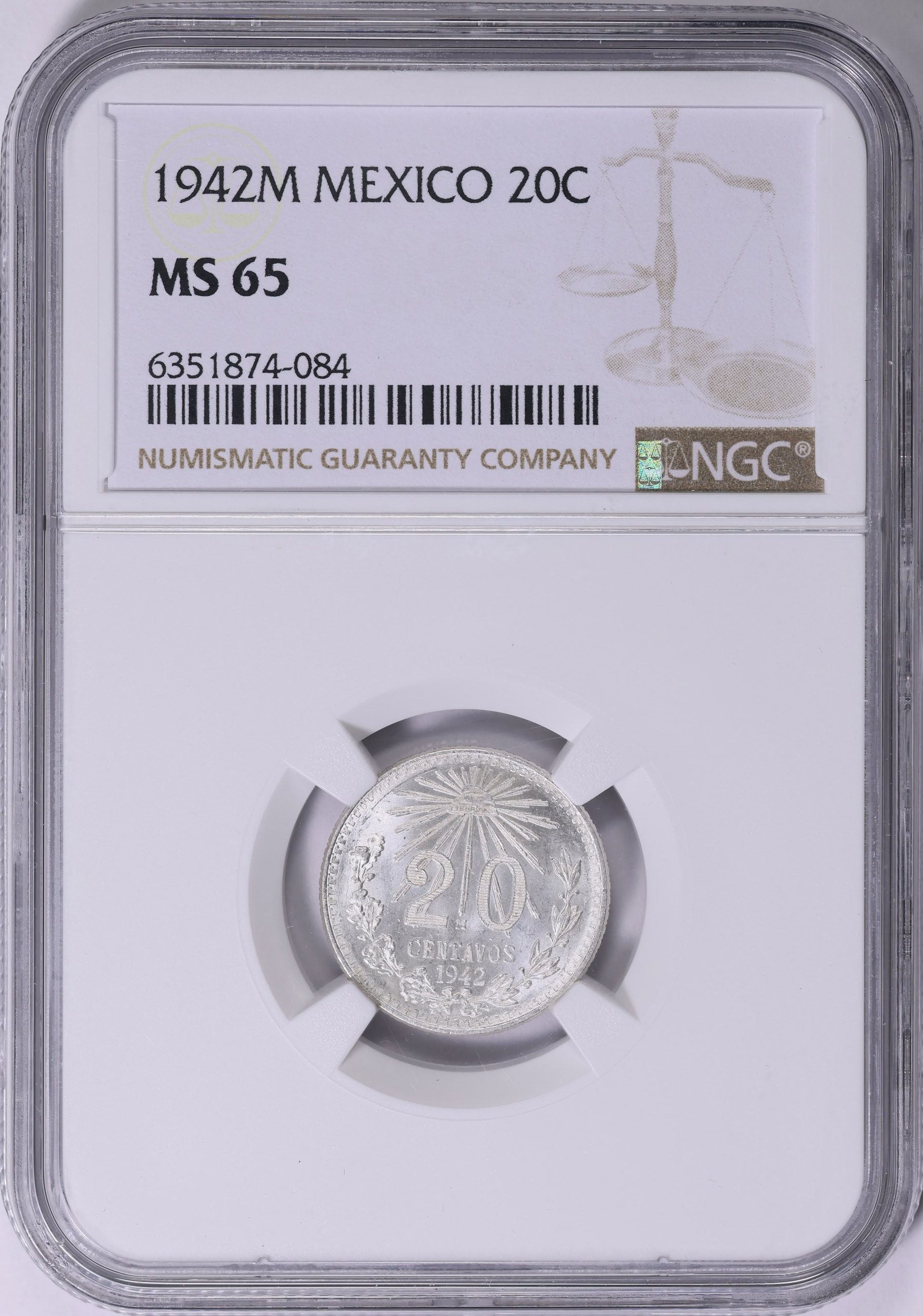 Mexico 1942-M Silver 20 Centavos KM-438 NGC MS-65 (Item 1731091) | GreatCollections Coin Auctions