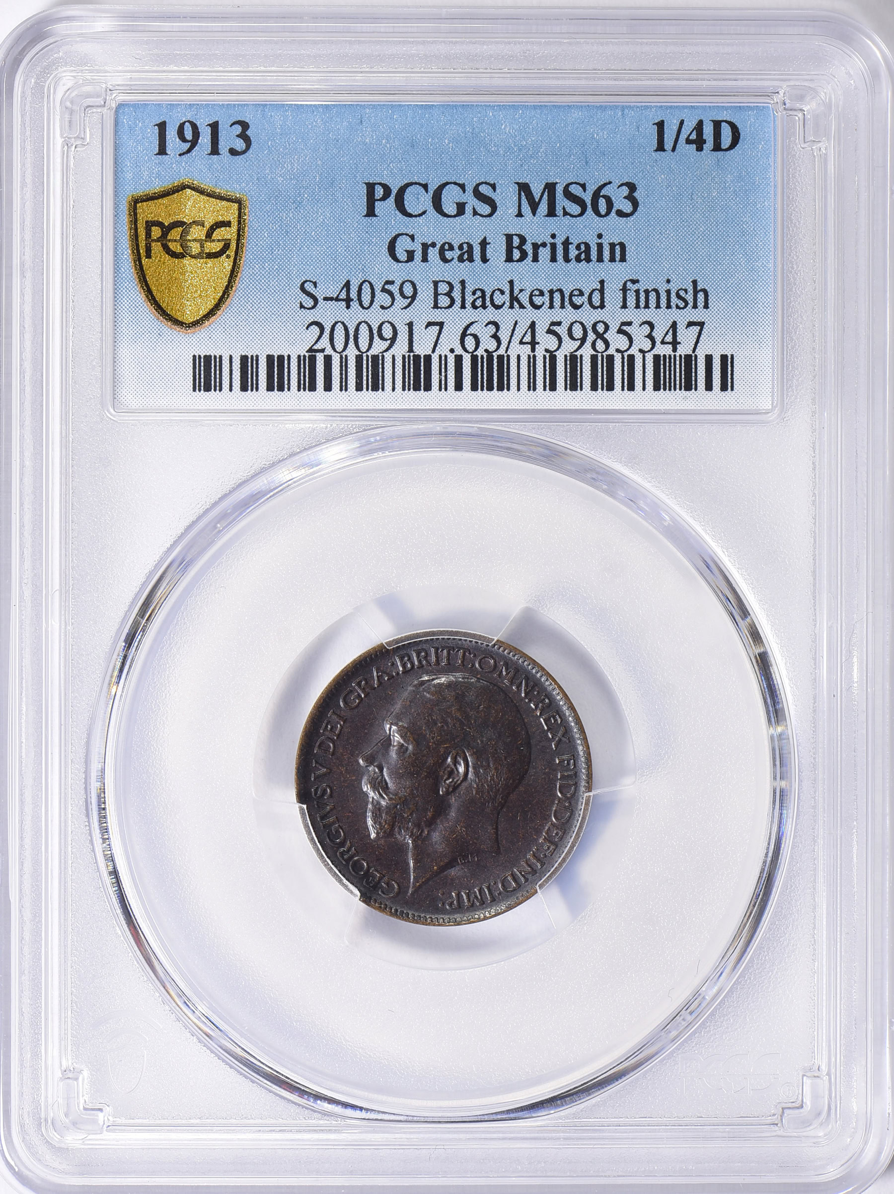 Great Britain 1913 Farthing Blackened Finish KM-808.1 PCGS MS-63 (Item ...