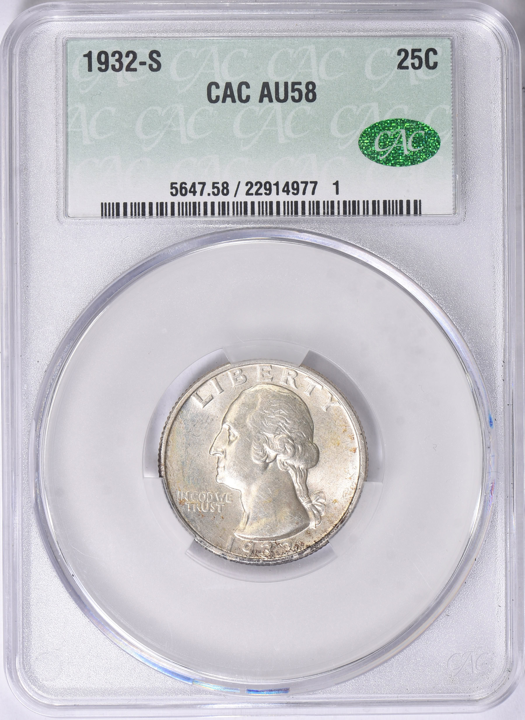 1932-S Washington Quarter CACG AU-58 (Item 1732912) | GreatCollections Coin Auctions