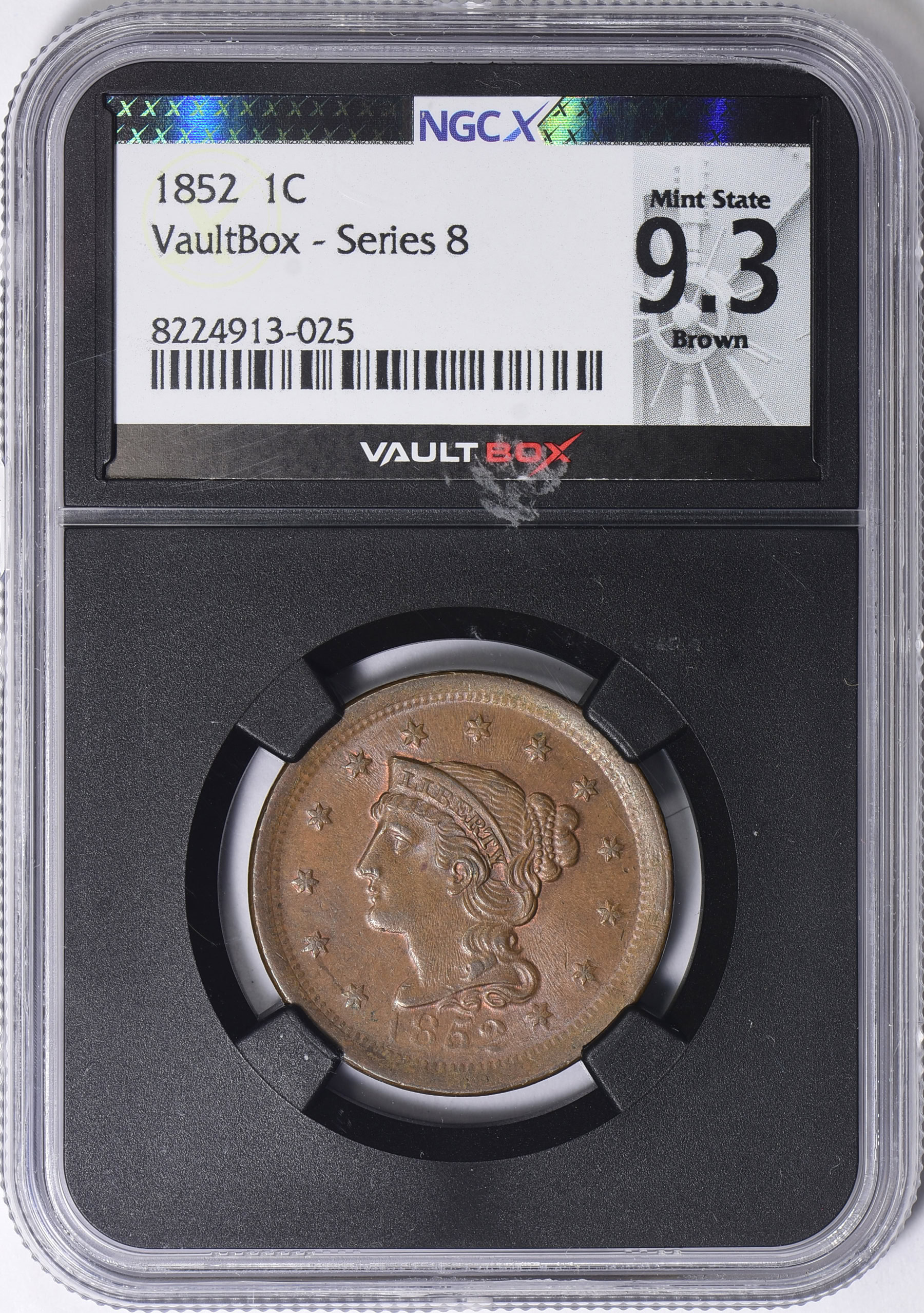 1852 Braided Hair Cent NGCX Mint State 9.3 BN (NGC MS-63 BN) (VaultBox Series 8) (Item 1732939 ...