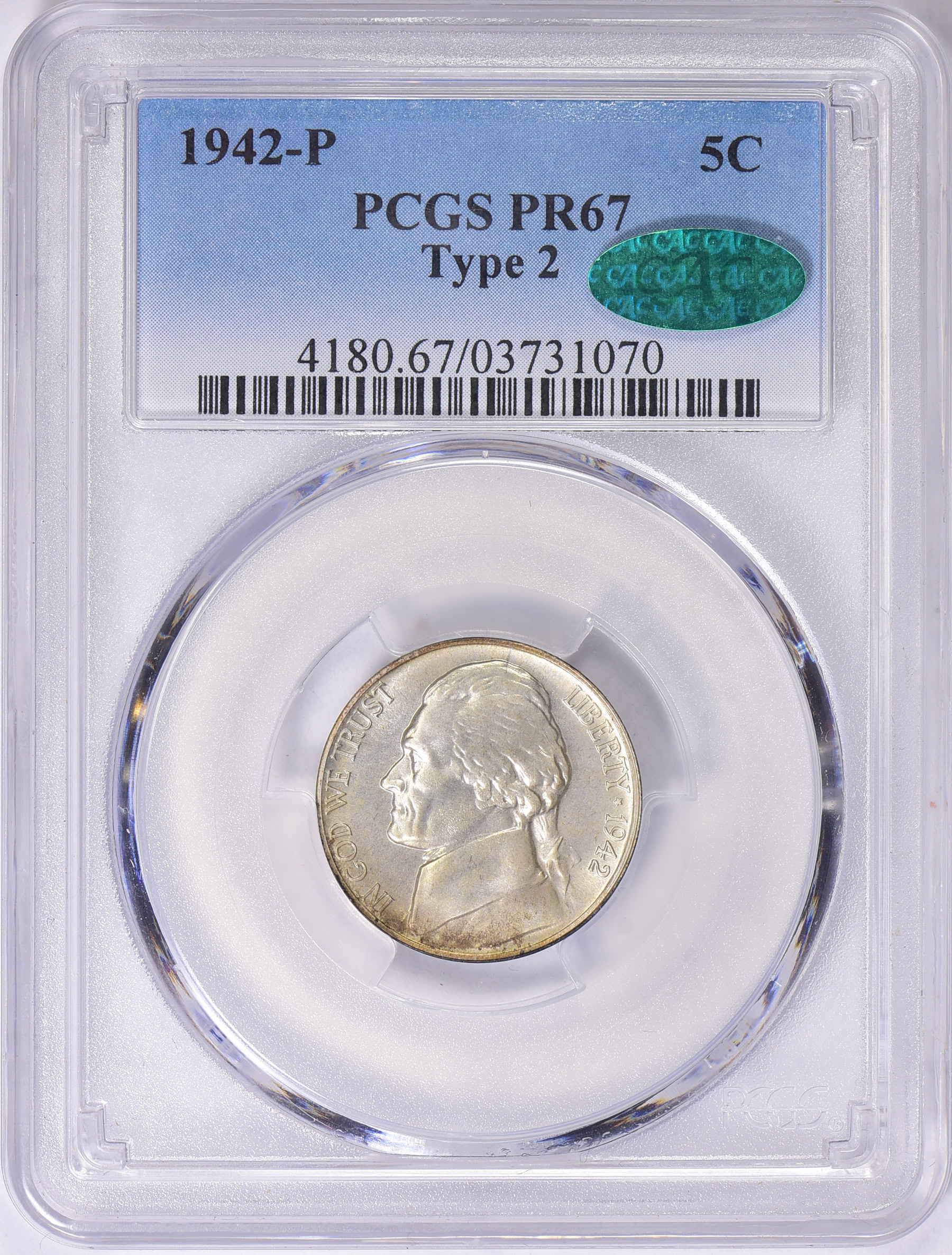 1942-P Jefferson Nickel Type 2 PCGS Proof-67 (CAC Green) (Item 1733173 ...