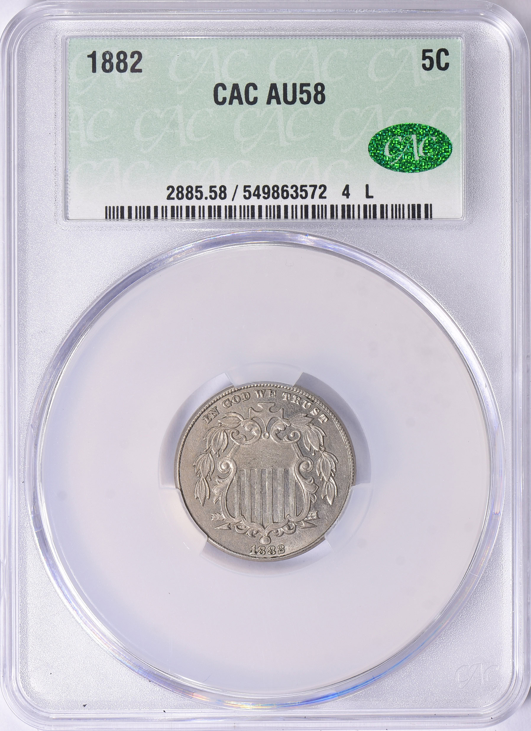 1882 Shield Nickel CACG AU-58 (Item 1733589) | GreatCollections Coin ...