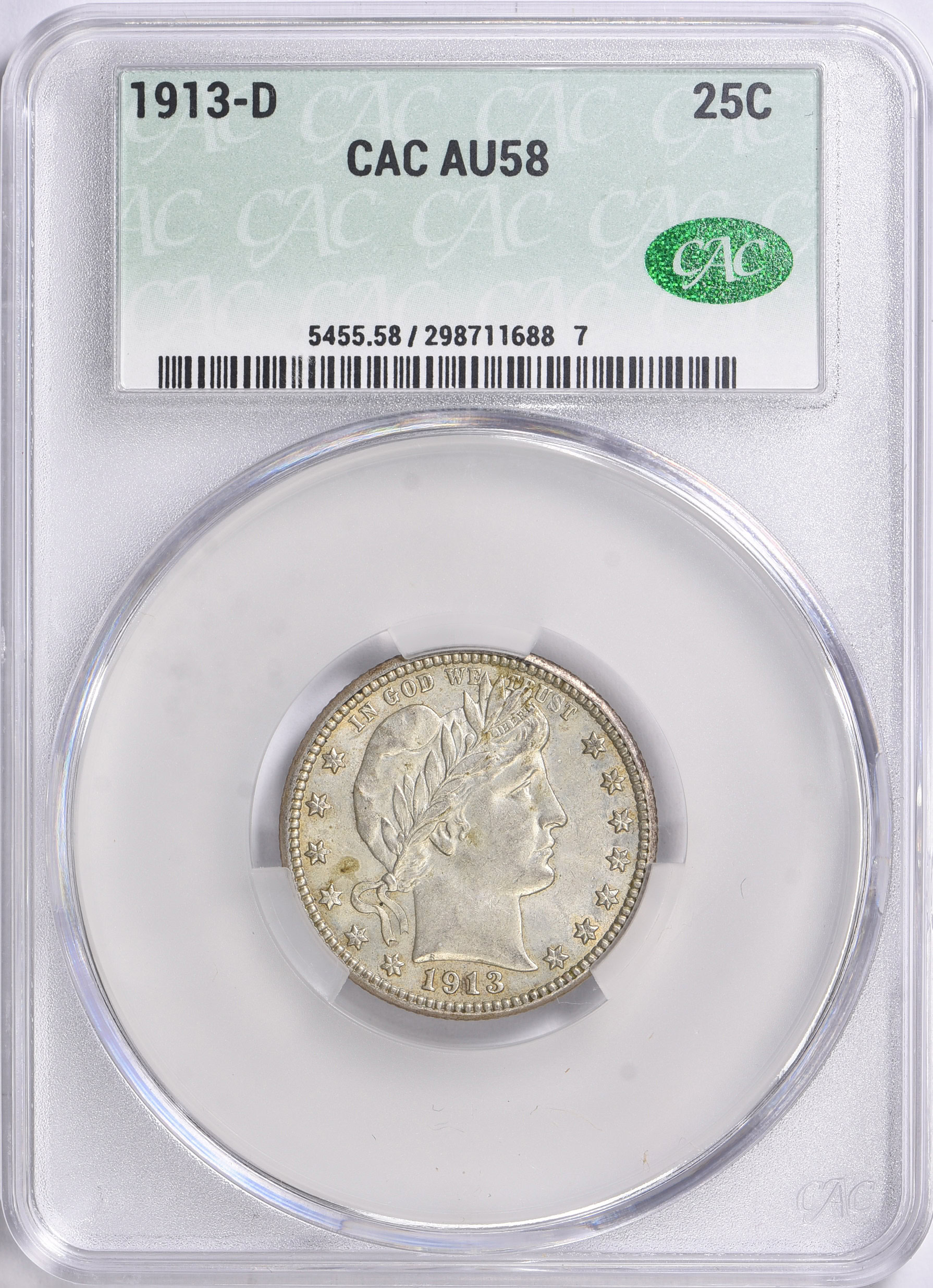 1913-D Barber Quarter CACG AU-58 (Item 1733676) | GreatCollections Coin ...