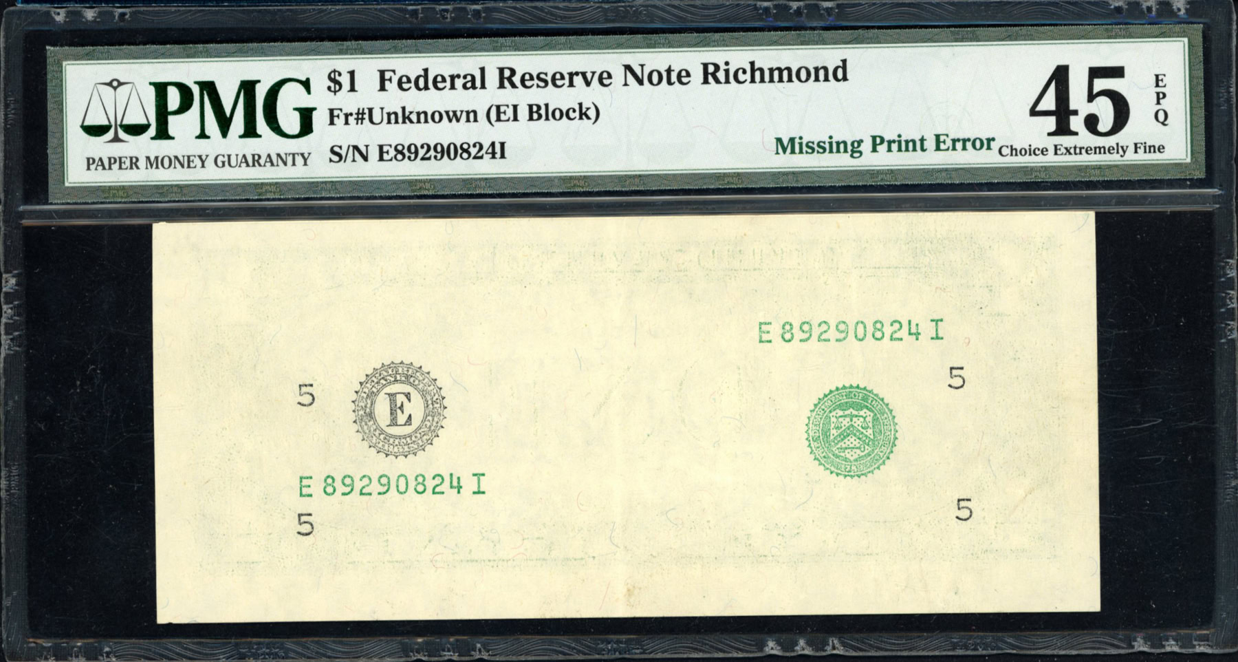 Fr. Unknown (EI Block) $1 Richmond Federal Reserve Error Note Missing Print Error PMG Choice ...
