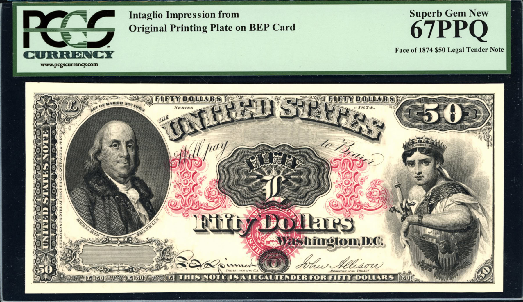 Intaglio Impression of Face of 1874 $50 Legal Tender Note From Original ...