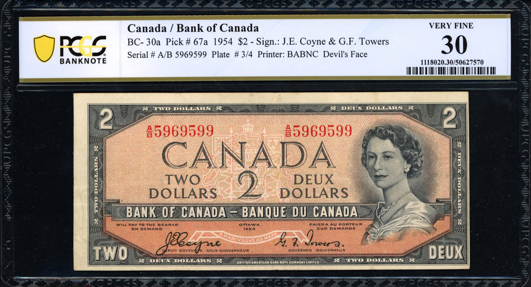 Canada 1954 $2 Bank of Canada Note Devil's Face BC-30a Coyne / Towers PCGS Banknote Very Fine 30 ...