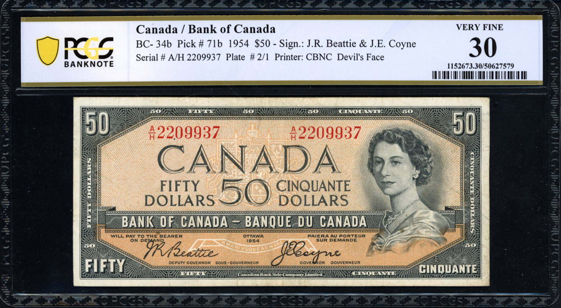 Canada 1954 $50 Bank of Canada Note Devil's Face BC-34b Beattie / Coyne PCGS Banknote Very Fine ...