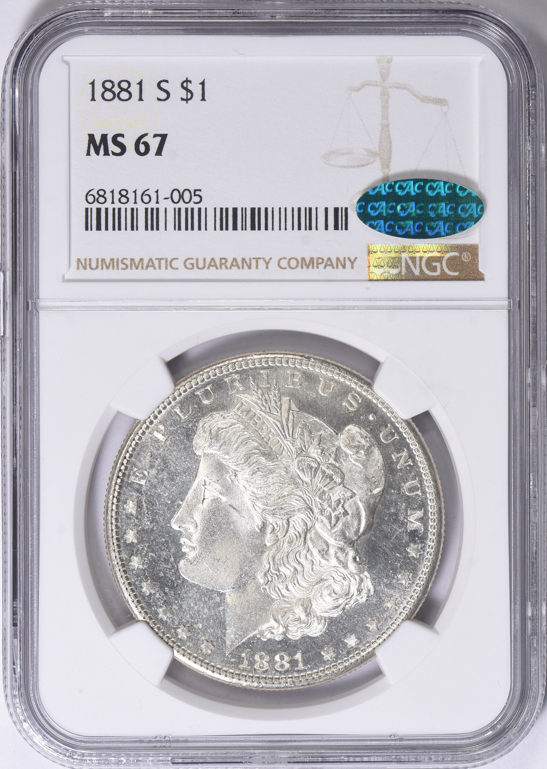 1881-S Morgan Silver Dollar NGC MS-67 (CAC Green) (Item 1733932) | GreatCollections Coin Auctions