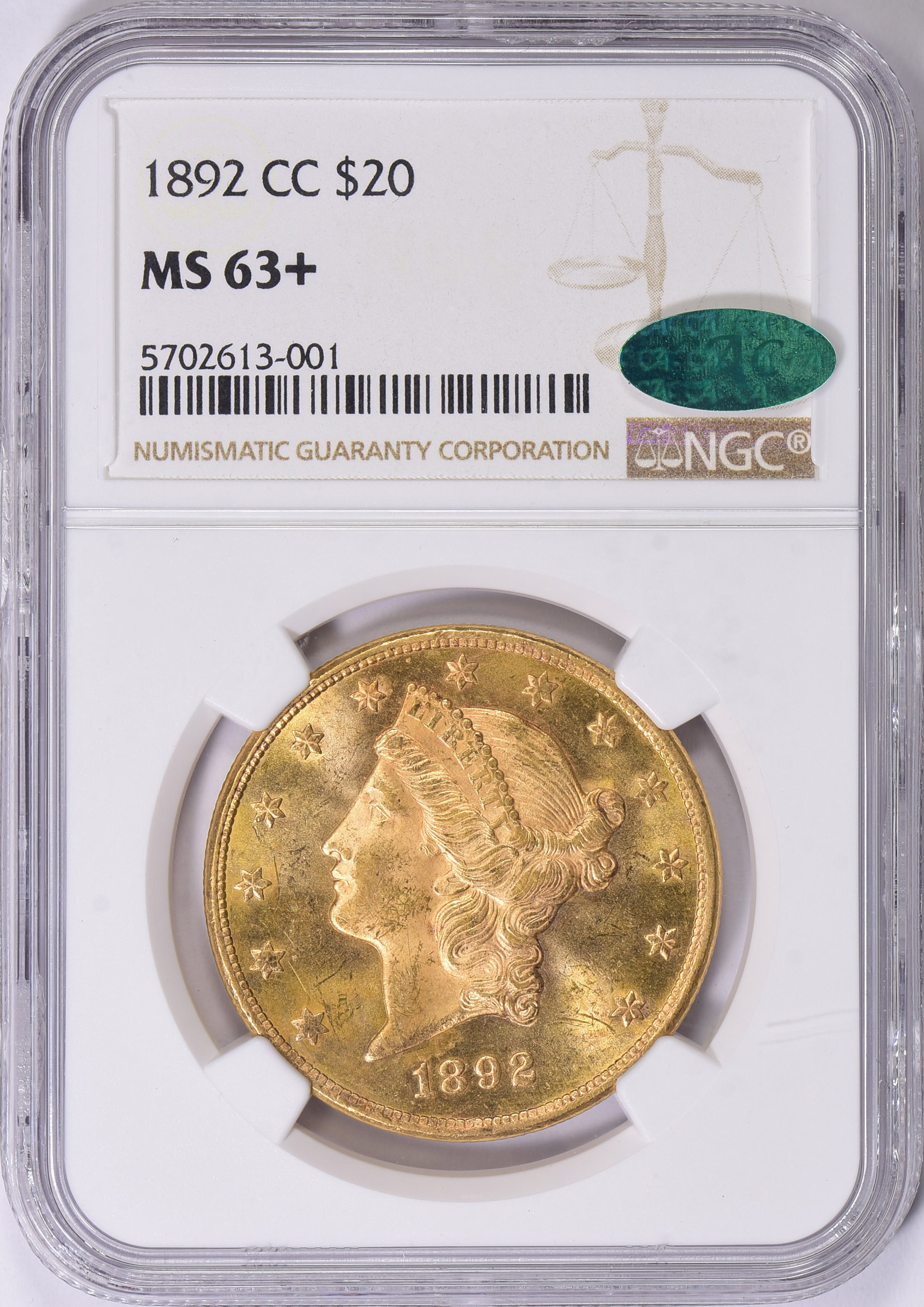 1892-CC Liberty Gold Double Eagle NGC MS-63+ (CAC Green) (Item 1733963) | GreatCollections Coin ...