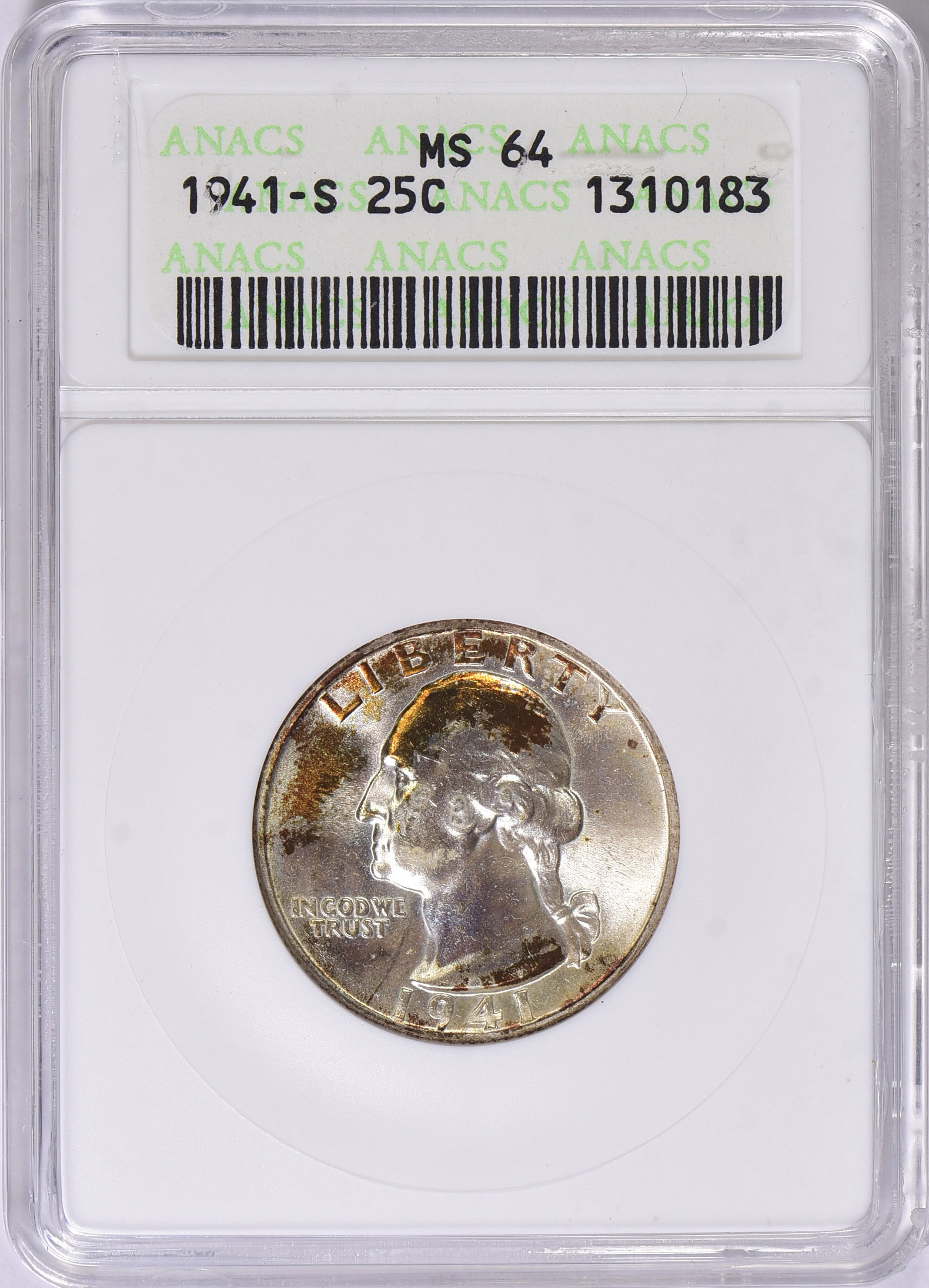 1941-S Washington Quarter ANACS MS-64 OH (Toned) (Item 1733978) | GreatCollections Coin Auctions