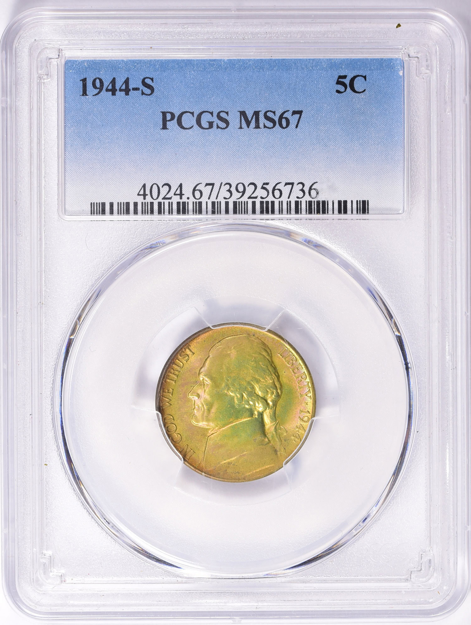 1944-S Jefferson Nickel PCGS MS-67 (Toned) (Item 1734014) | GreatCollections Coin Auctions