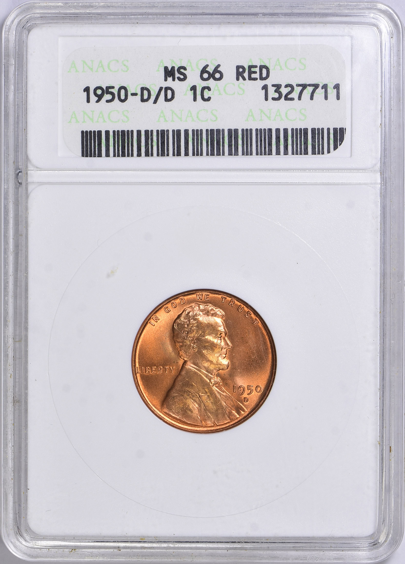 1950-D/D Lincoln Cent ANACS MS-66 RD OH (VSS WRPM-19) (Item 1734026) | GreatCollections Coin ...