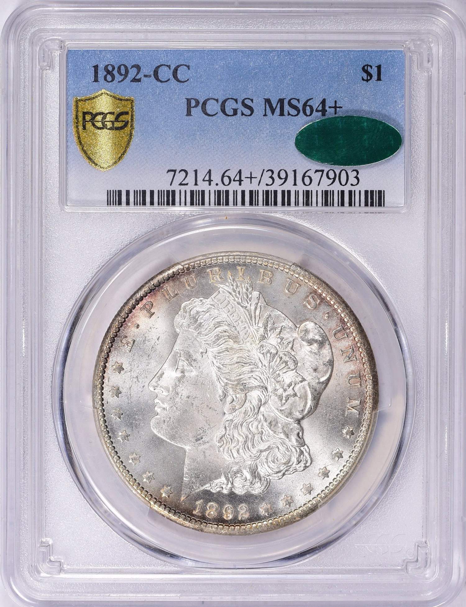 1892-CC Morgan Silver Dollar PCGS MS-64+ (CAC Green) (Toned) (Item 1734636) | GreatCollections ...