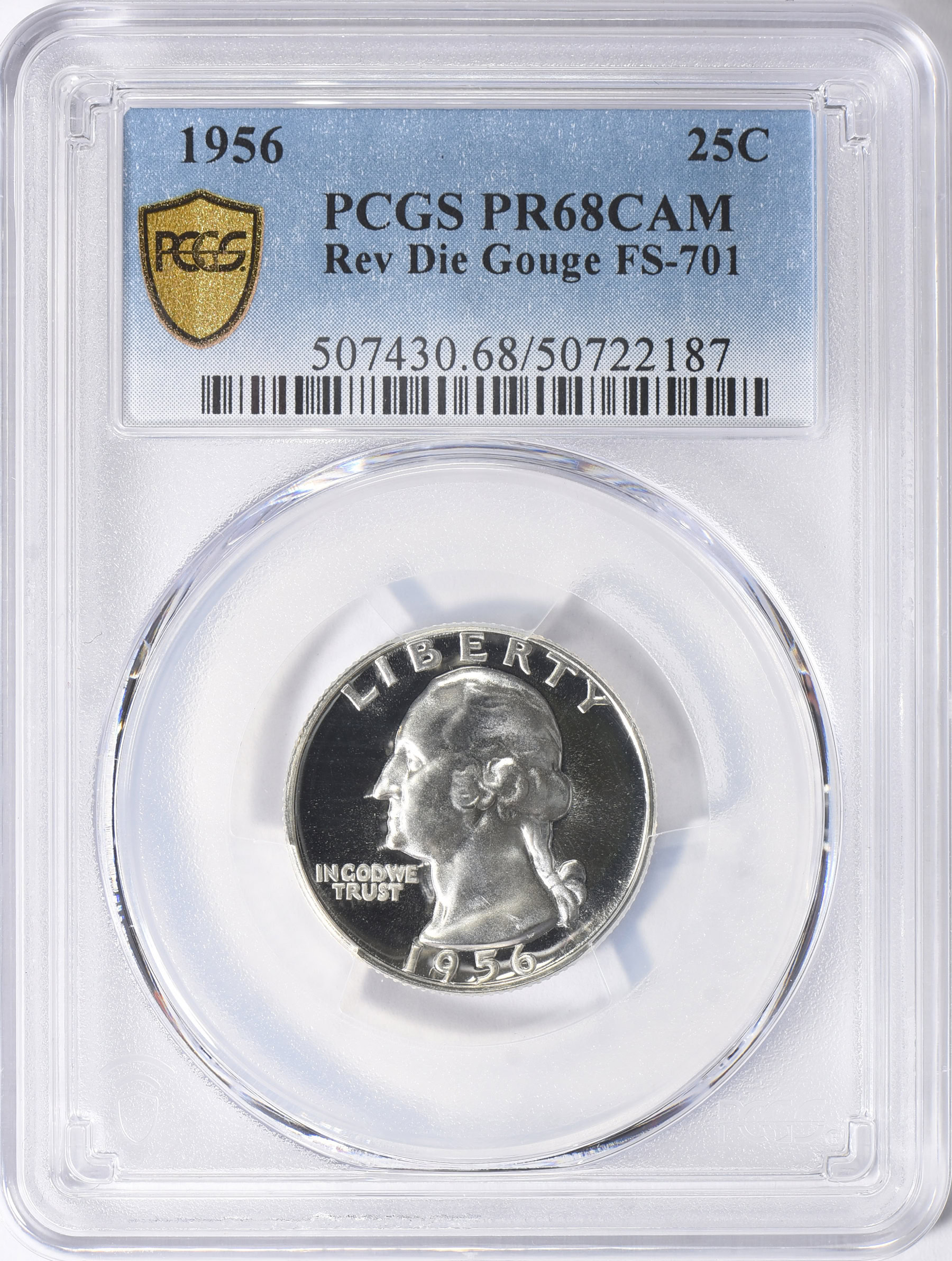 1956 Washington Quarter Reverse Die Gouge FS-701 PCGS Proof-68 CAMEO ...