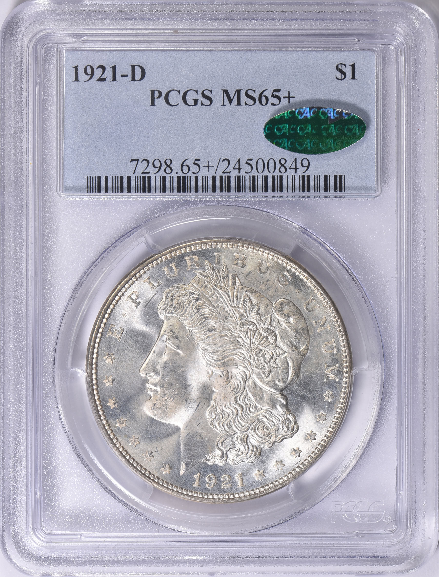 1921-D Morgan Silver Dollar PCGS MS-65+ (CAC Green) (Item 1734948) | GreatCollections Coin Auctions