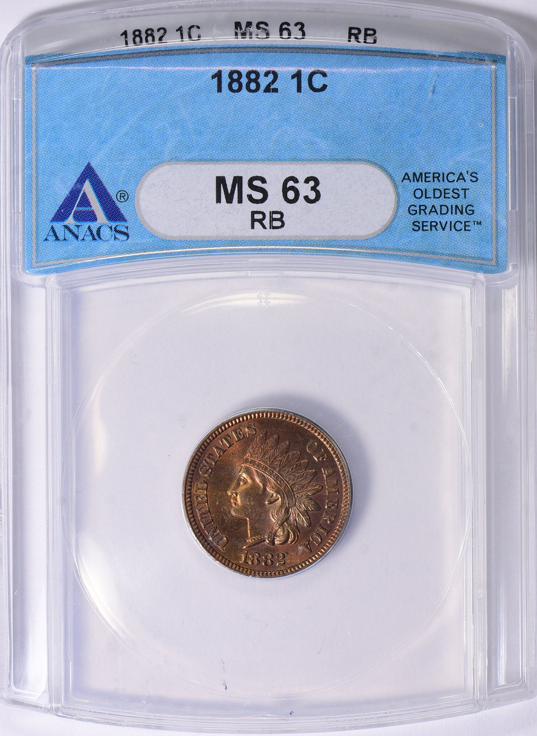1882 Indian Cent ANACS MS-63 RB (Toned) (Item 1734979) | GreatCollections Coin Auctions
