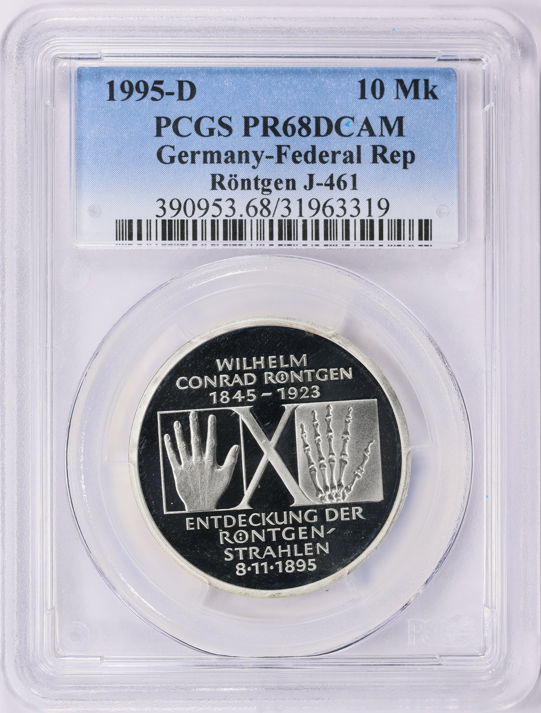 Germany 1995-D Silver 10 Marks Birth of Wilhelm Conrad Röntgen 100th ...