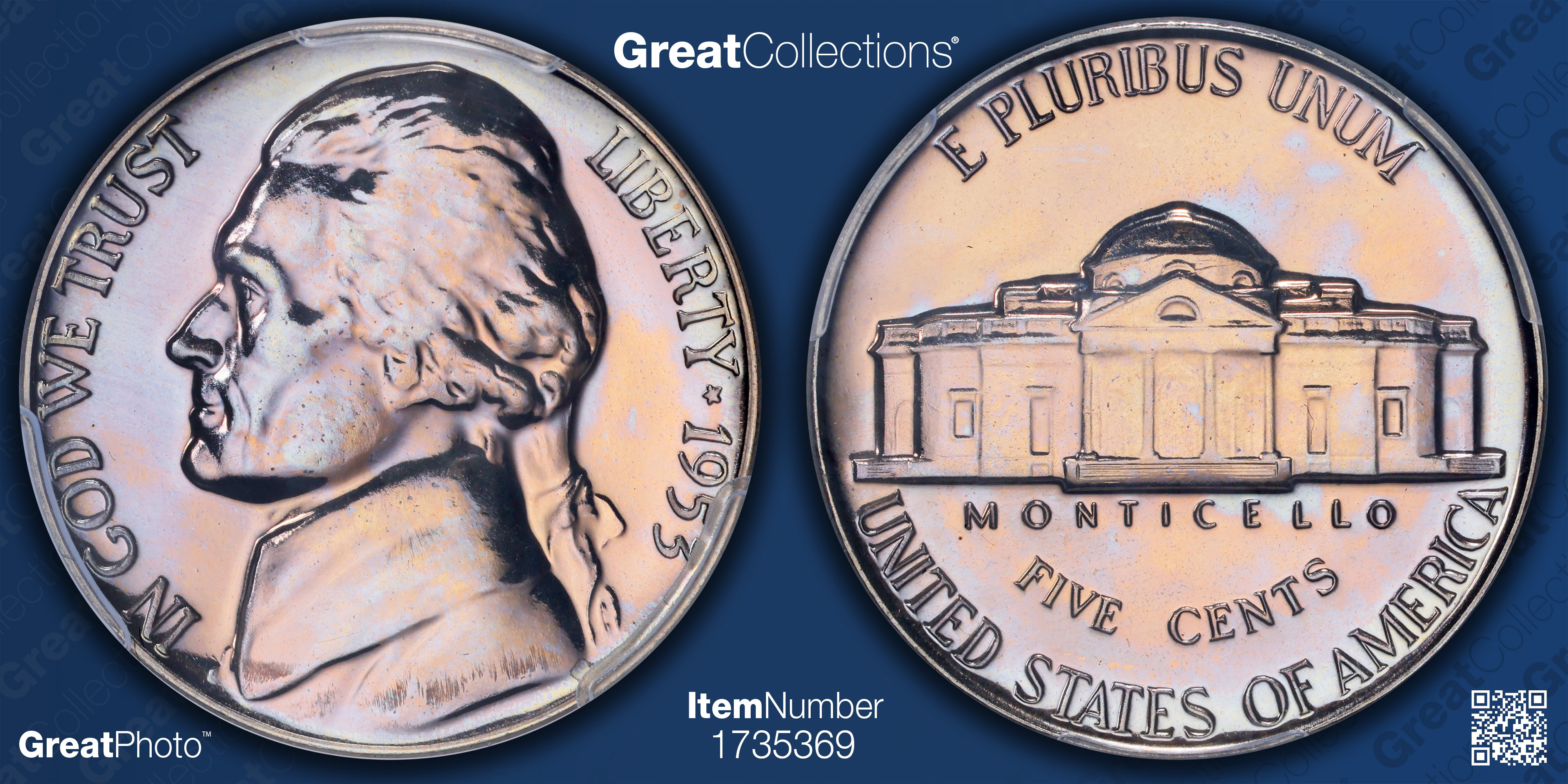 1953 Jefferson Nickel PCGS Proof-67 (Toned) (Item 1735369) | GreatCollections Coin Auctions