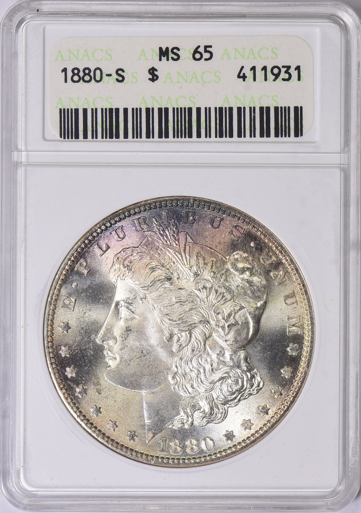 1880-S Morgan Silver Dollar ANACS MS-65 (Toned) OH (Item 1735410) | GreatCollections Coin Auctions