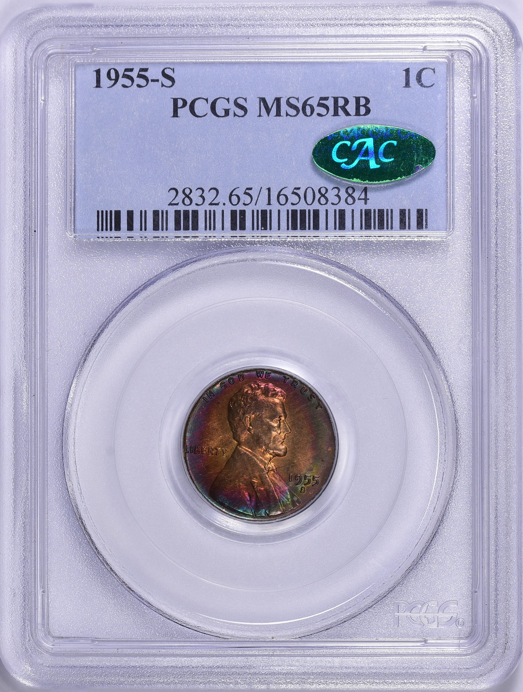 1955-S Lincoln Cent PCGS MS-65 RB (CAC Green) (Toned) (Item 1735798) | GreatCollections Coin ...