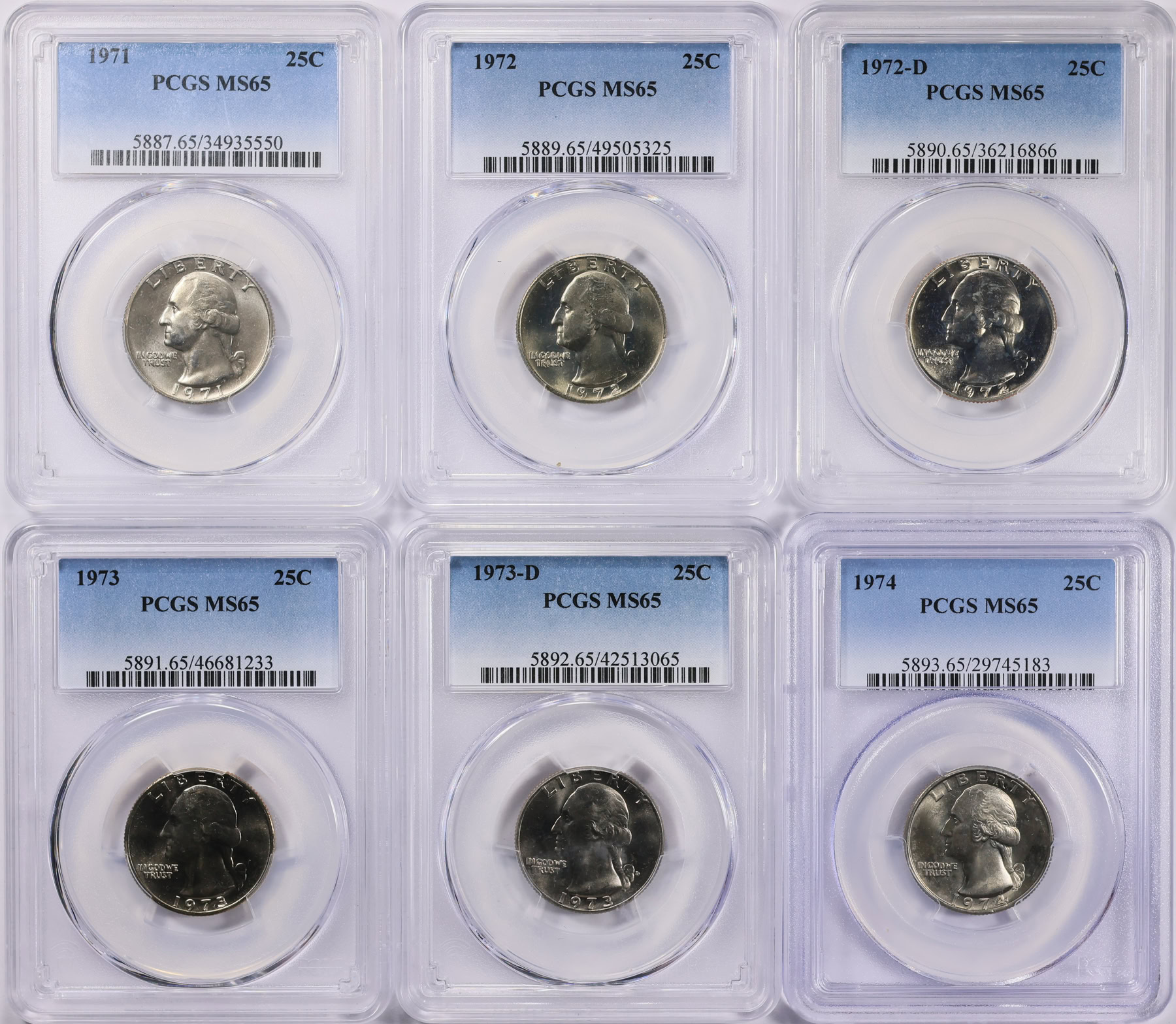 1971, 1972, 1972-D, 1973, 1973-D and 1974 Washington Quarter PCGS MS-65 ...