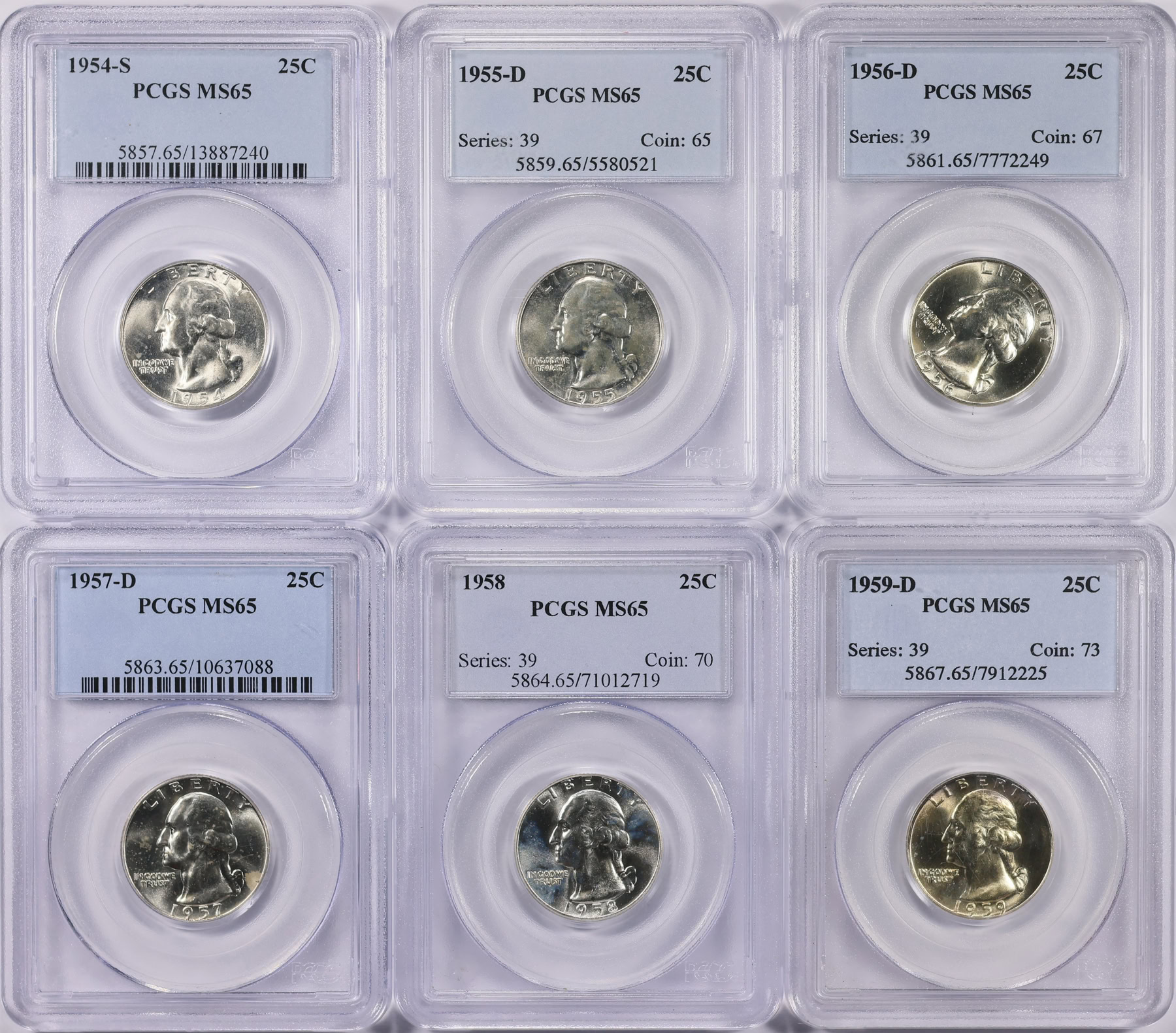 1954-S, 1955-D, 1956-D, 1957-D, 1958 and 1959-D Washington Quarter PCGS MS-65 (6 Coins) (Item ...