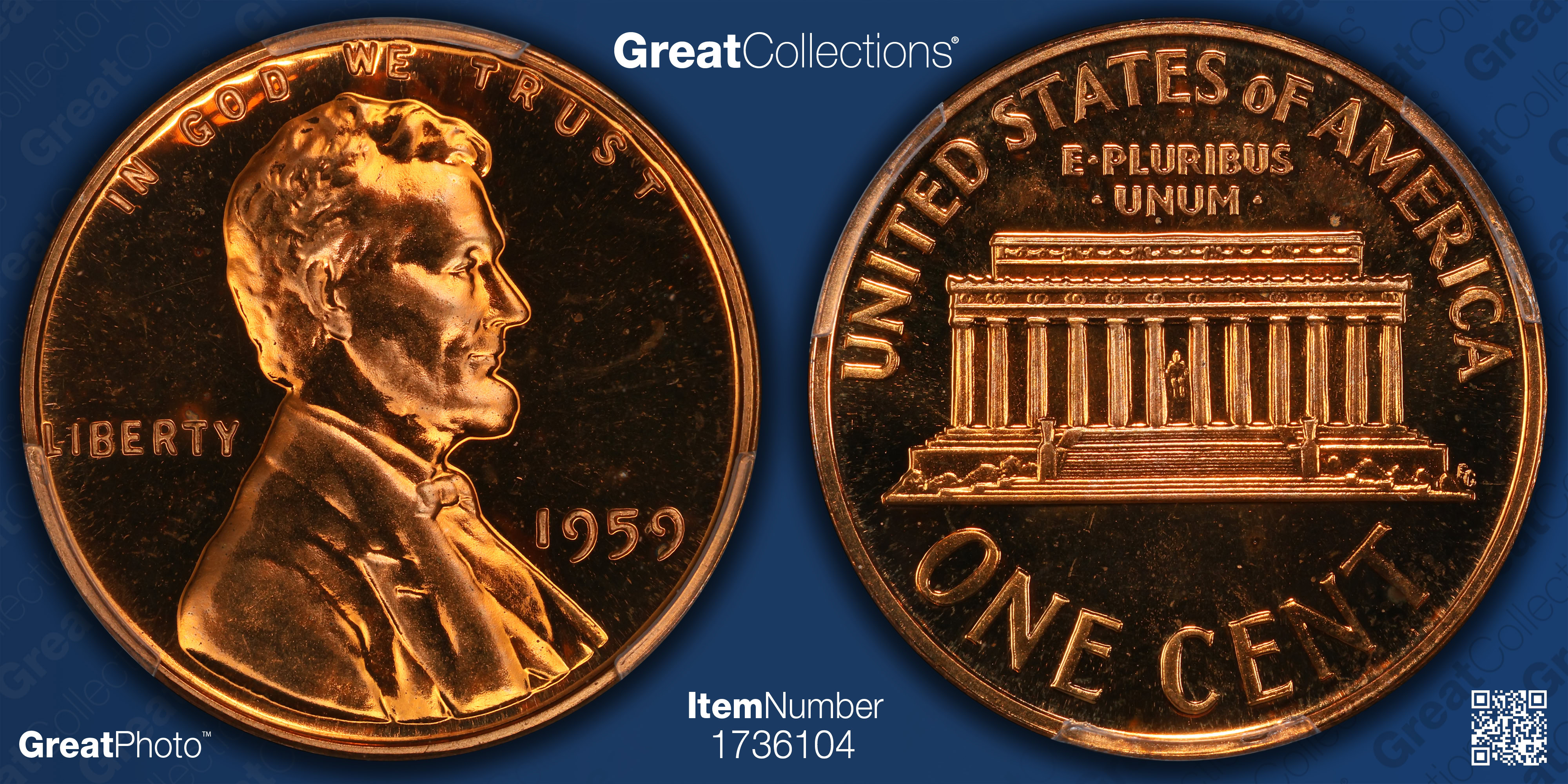 1959 Lincoln Cent PCGS Proof-66 RD (Item 1736104) | GreatCollections ...
