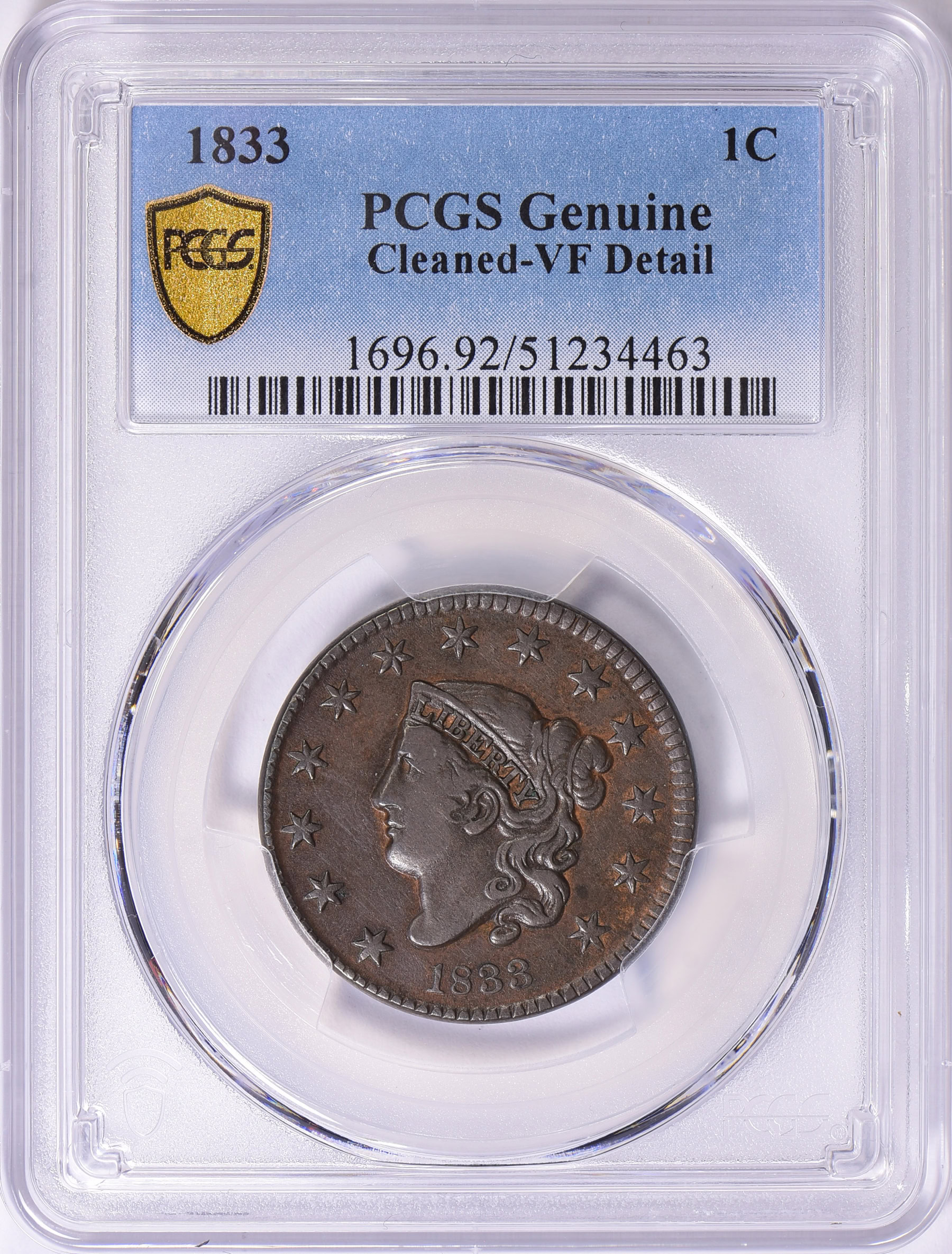 1833 Matron Cent PCGS Genuine VF Details (Item 1736205 ...