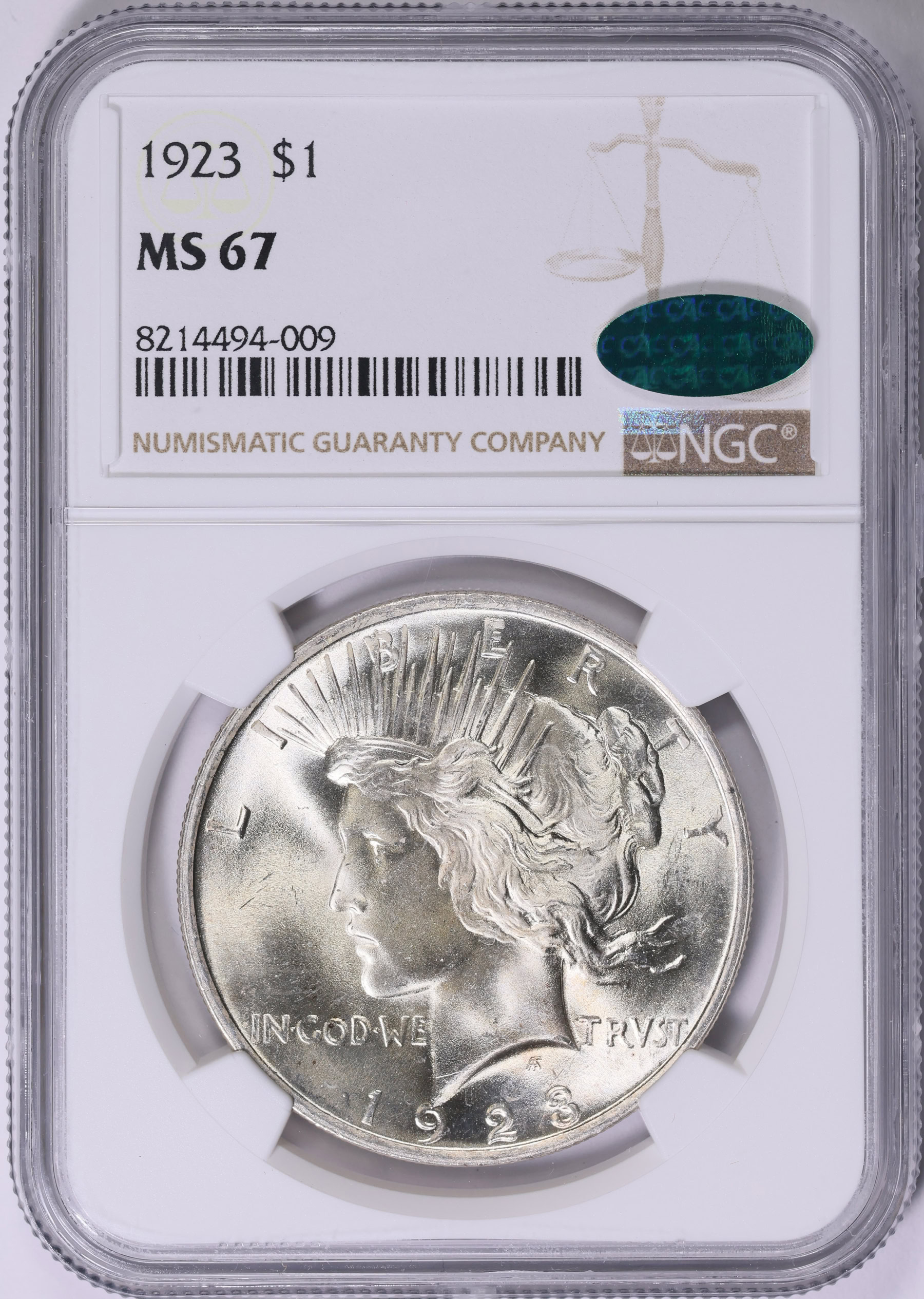 1923 Peace Silver Dollar NGC MS-67 (CAC Green) (Item 1736297) | GreatCollections Coin Auctions
