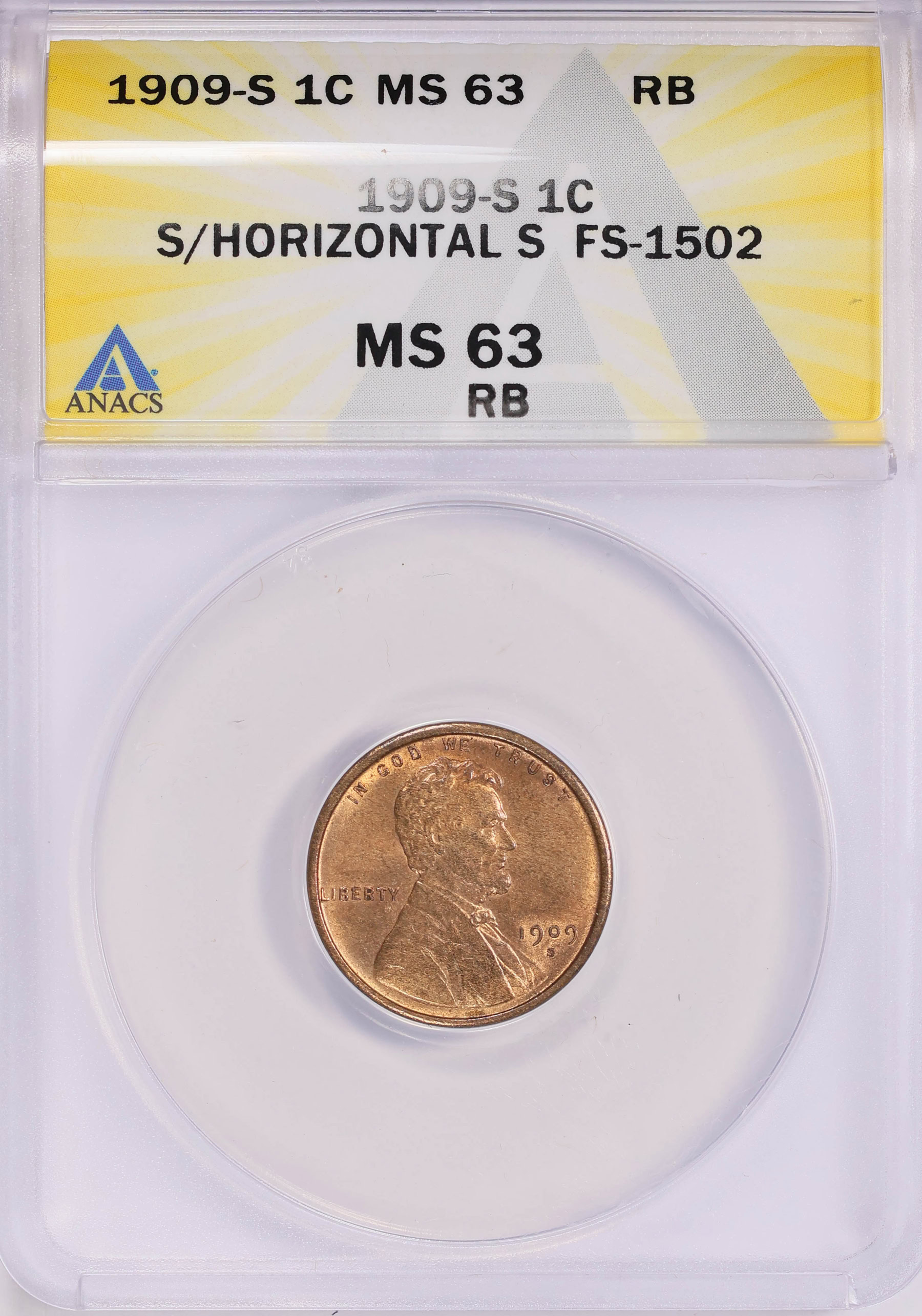 1909-S/S Lincoln Cent S/Horizontal S FS-1502 ANACS MS-63 RB (Item ...