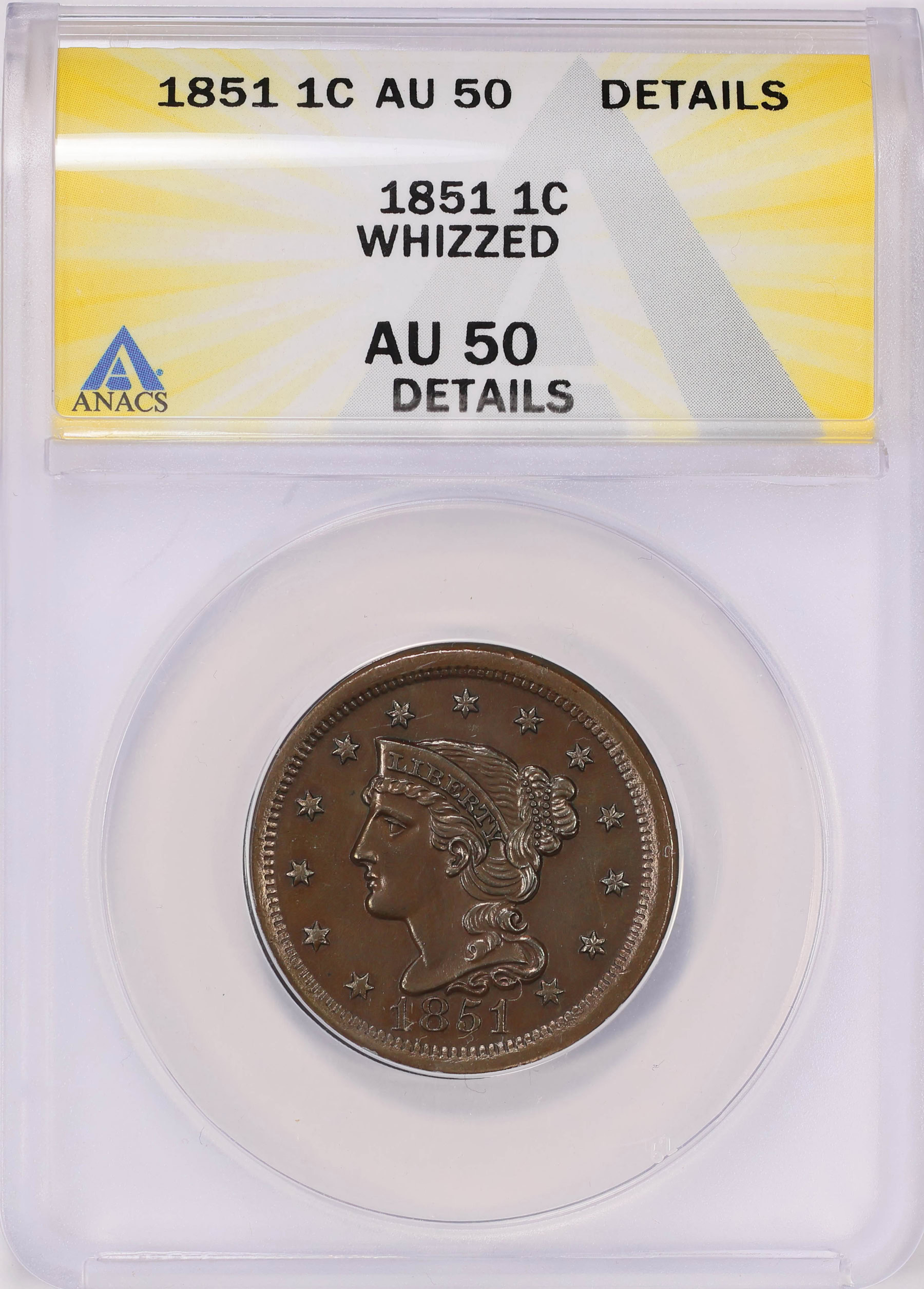1851 Braided Hair Cent ANACS AU-50 Details (Item 1736484) | GreatCollections Coin Auctions