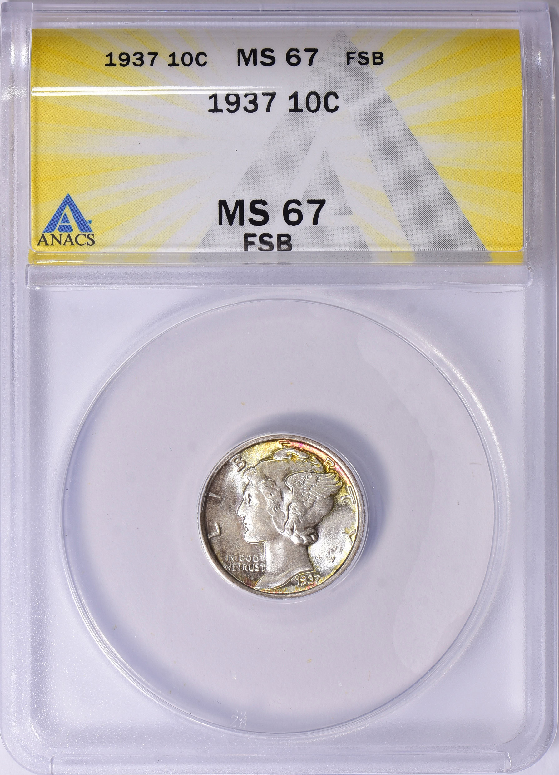 1937 Mercury Dime ANACS MS-67 FB (Toned) (Item 1736595) | GreatCollections Coin Auctions