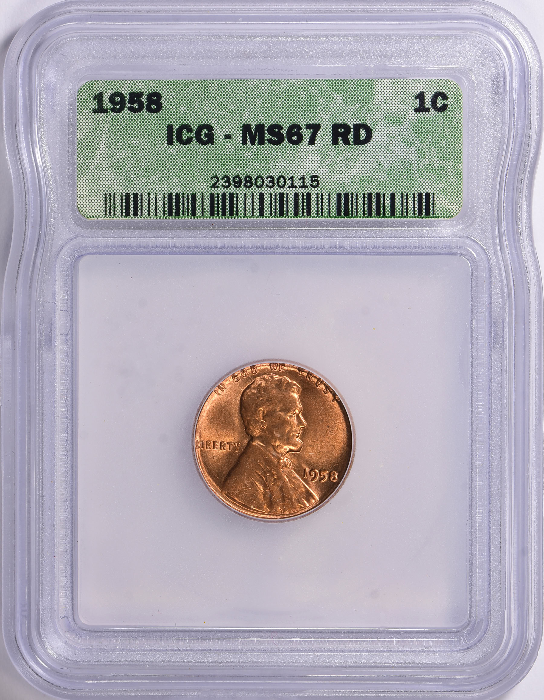 1958 Lincoln Cent ICG MS-67 RD (Item 1736616) | GreatCollections Coin Auctions