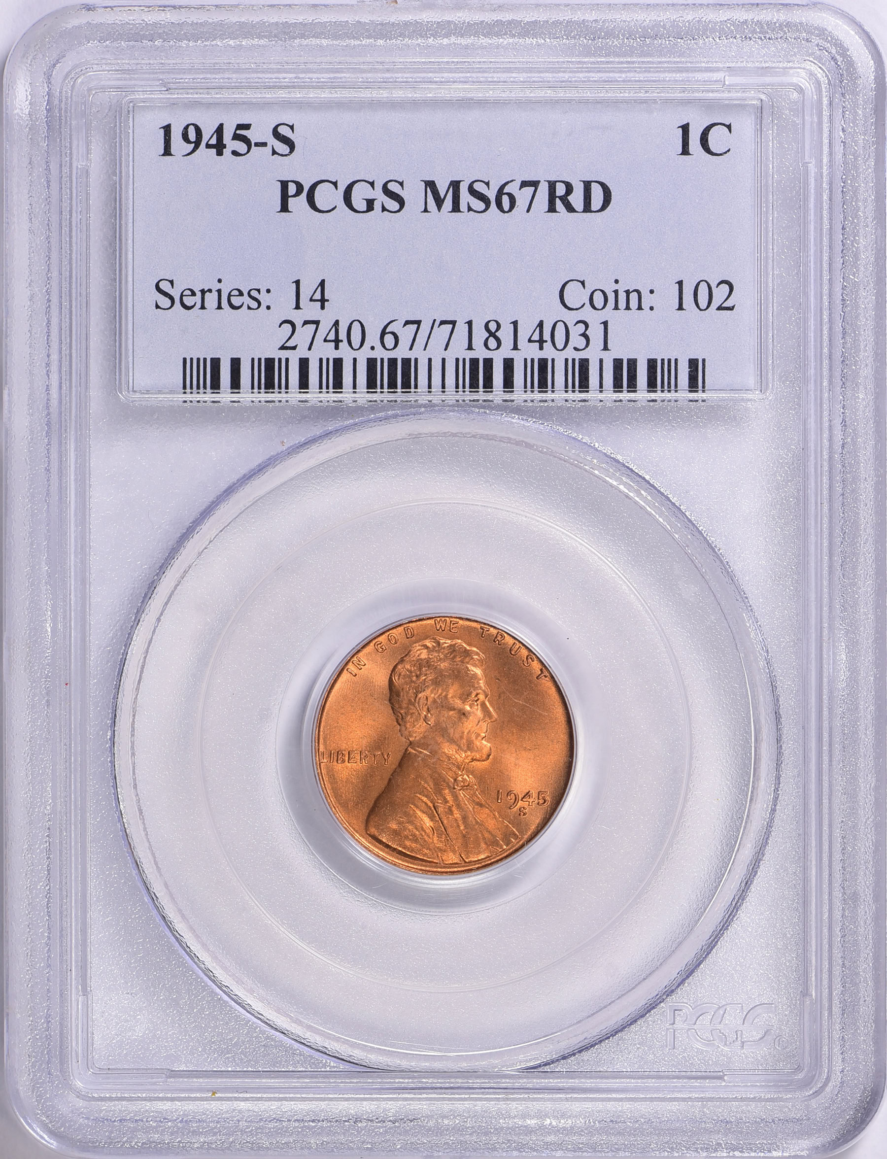 1945-S Lincoln Cent PCGS MS-67 RD (Item 1736627) | GreatCollections Coin Auctions