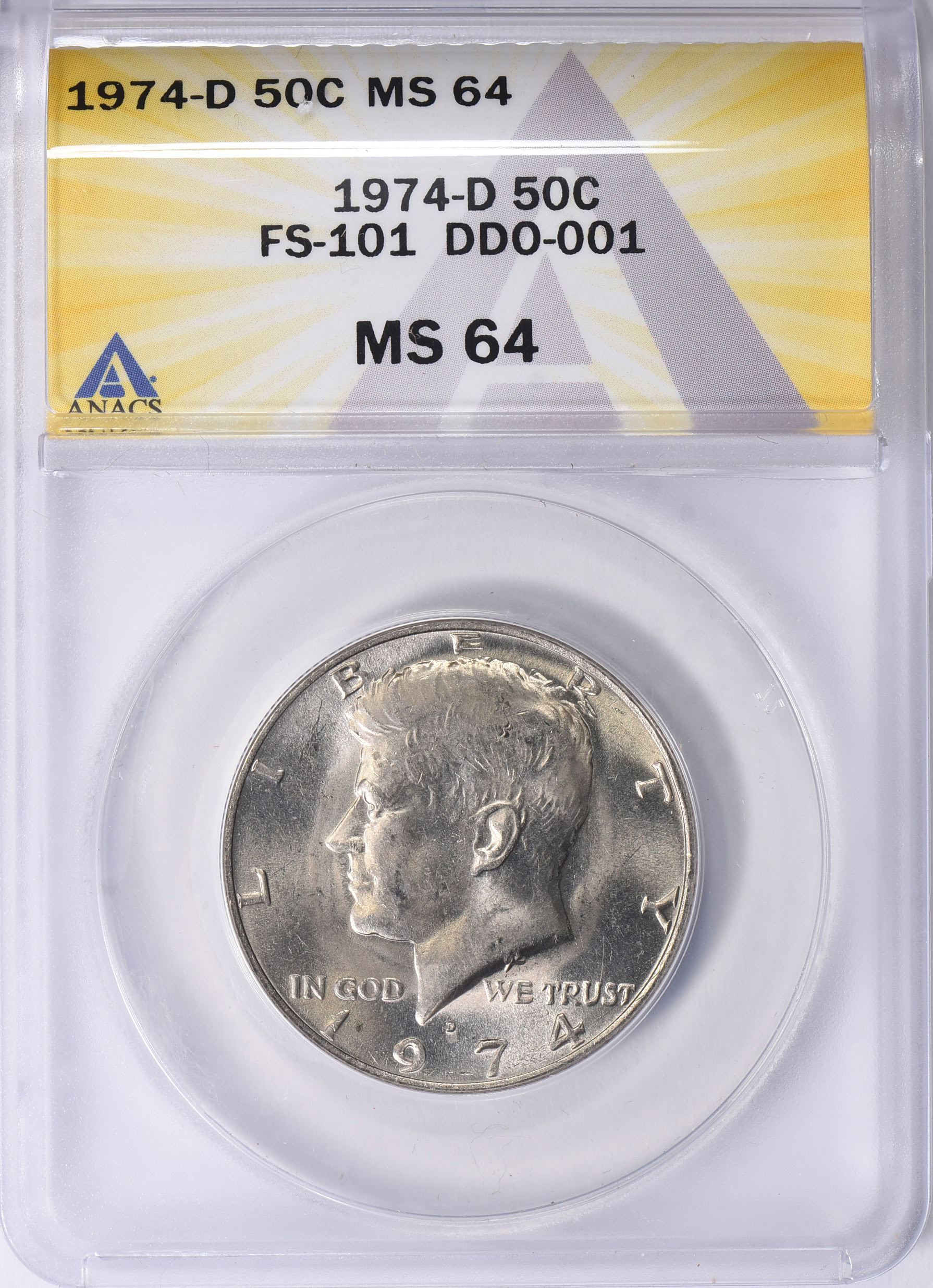 1974-D Kennedy Half Dollar DDO-001 FS-101 ANACS MS-64 (Item 1736818) | GreatCollections Coin ...
