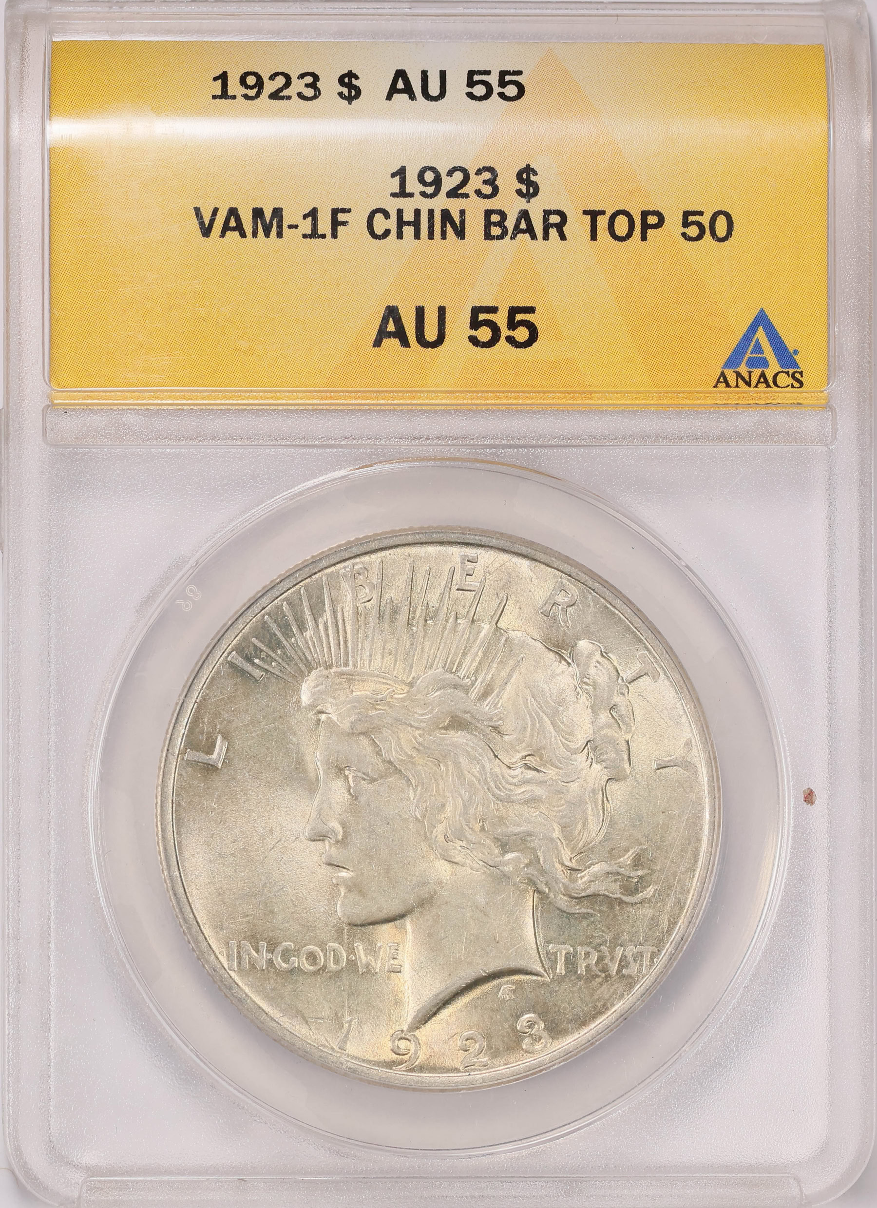 1923 Peace Silver Dollar Chin Bar VAM-1F Top 50 ANACS AU-55 (Item 1736936) | GreatCollections ...