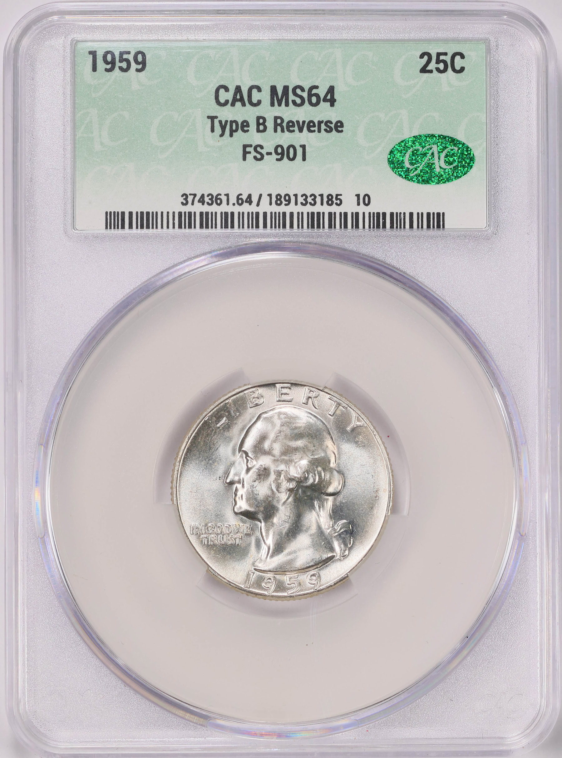 1959 Washington Quarter Type B Reverse FS-901 CACG MS-64 (Item 1736996) | GreatCollections Coin ...