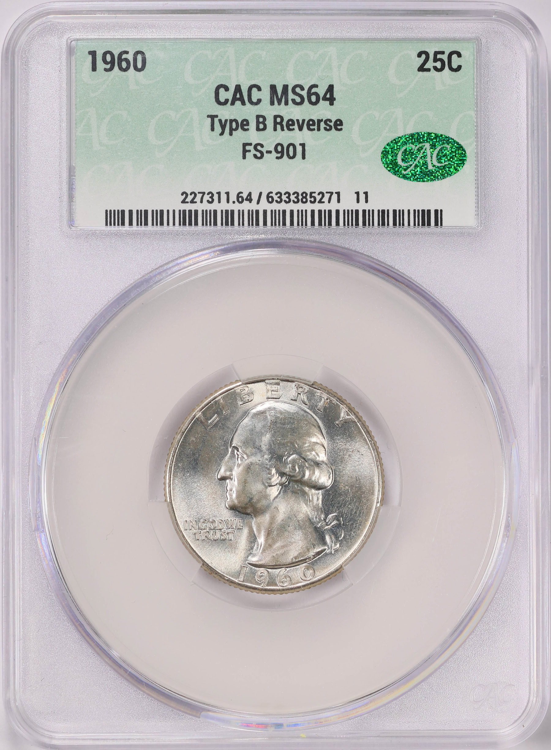 1960 Washington Quarter Type B Reverse FS-901 CACG MS-64 (Item 1736997) | GreatCollections Coin ...