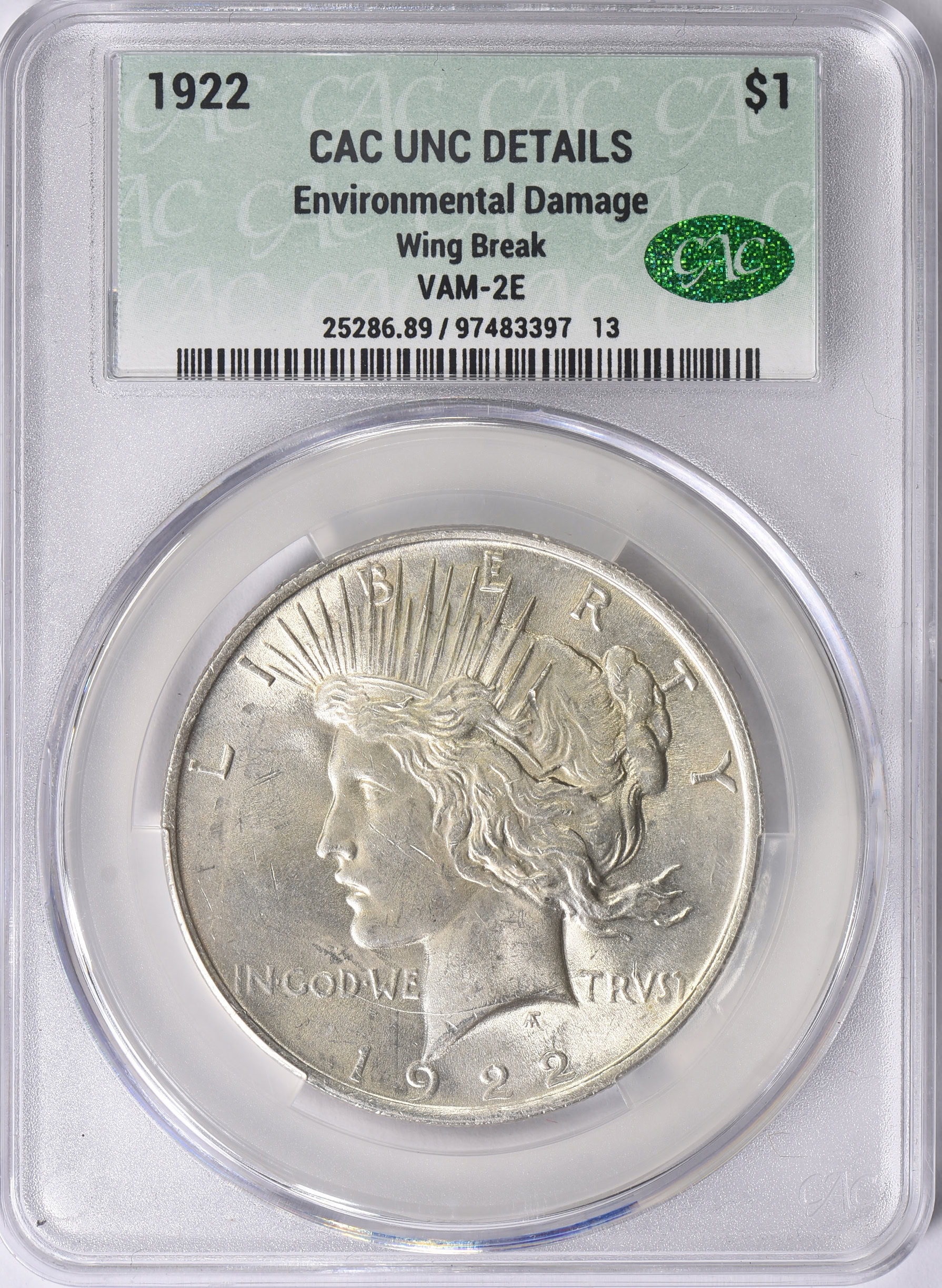 1922 Peace Silver Dollar Wing Break VAM-2E CACG Unc Details (Item ...