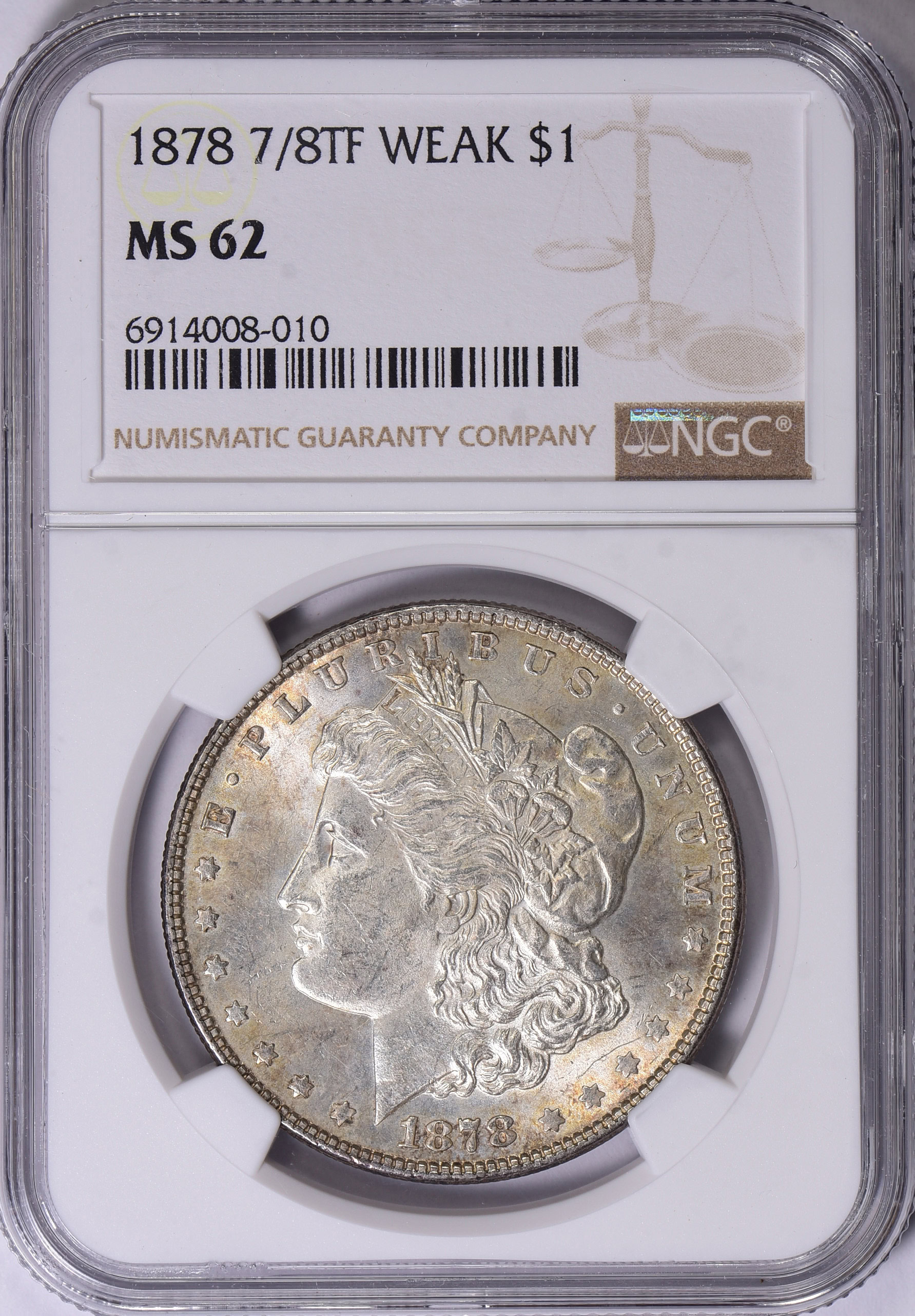 1878 Morgan Silver Dollar 7/8 Tailfeathers, Weak NGC MS-62 (Toned) (Item 1737050 ...