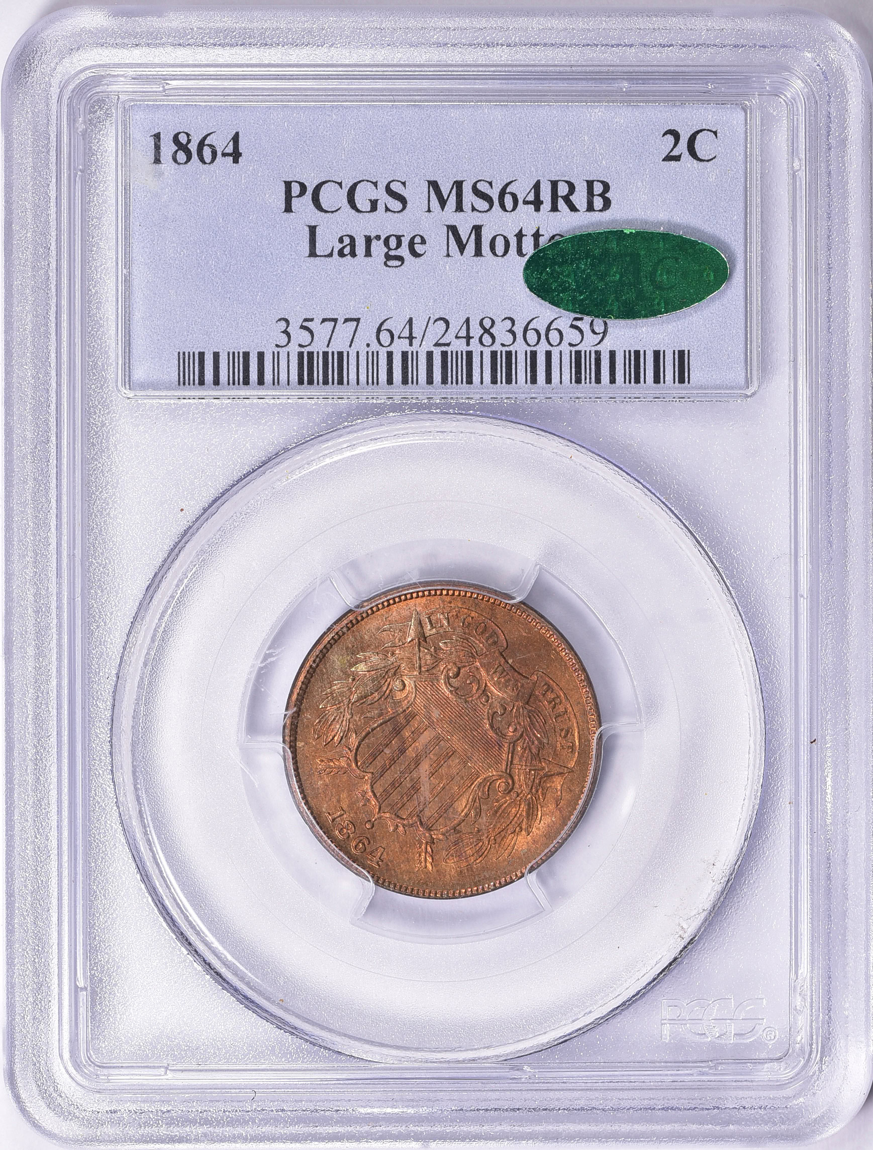 1864 Two-Cent Piece Large Motto PCGS MS-64 RB (CAC Green) (Item 1737060 ...