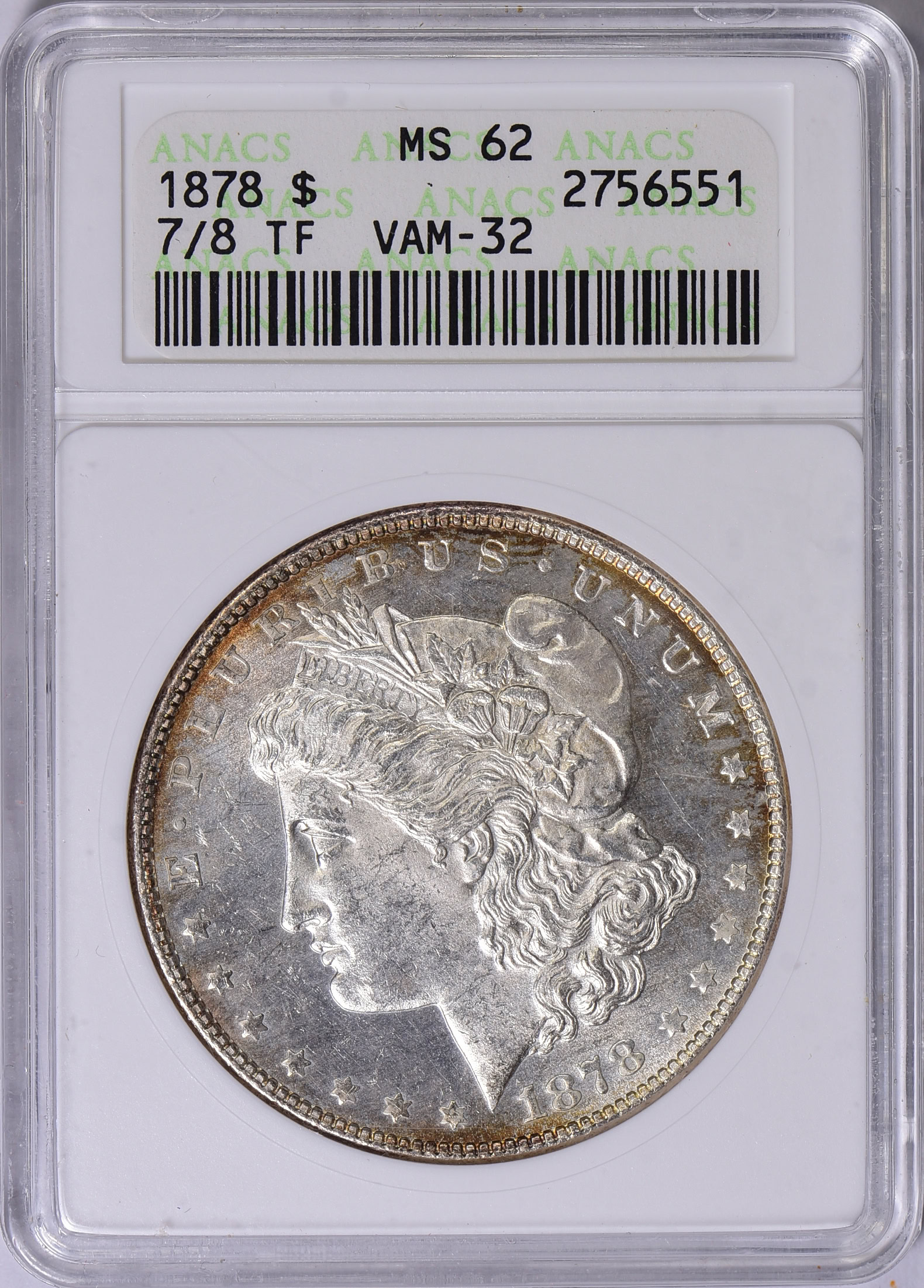 1878 7/8TF Morgan Silver Dollar VAM-32 ANACS MS-62 OH (Item 1737091) | GreatCollections Coin ...