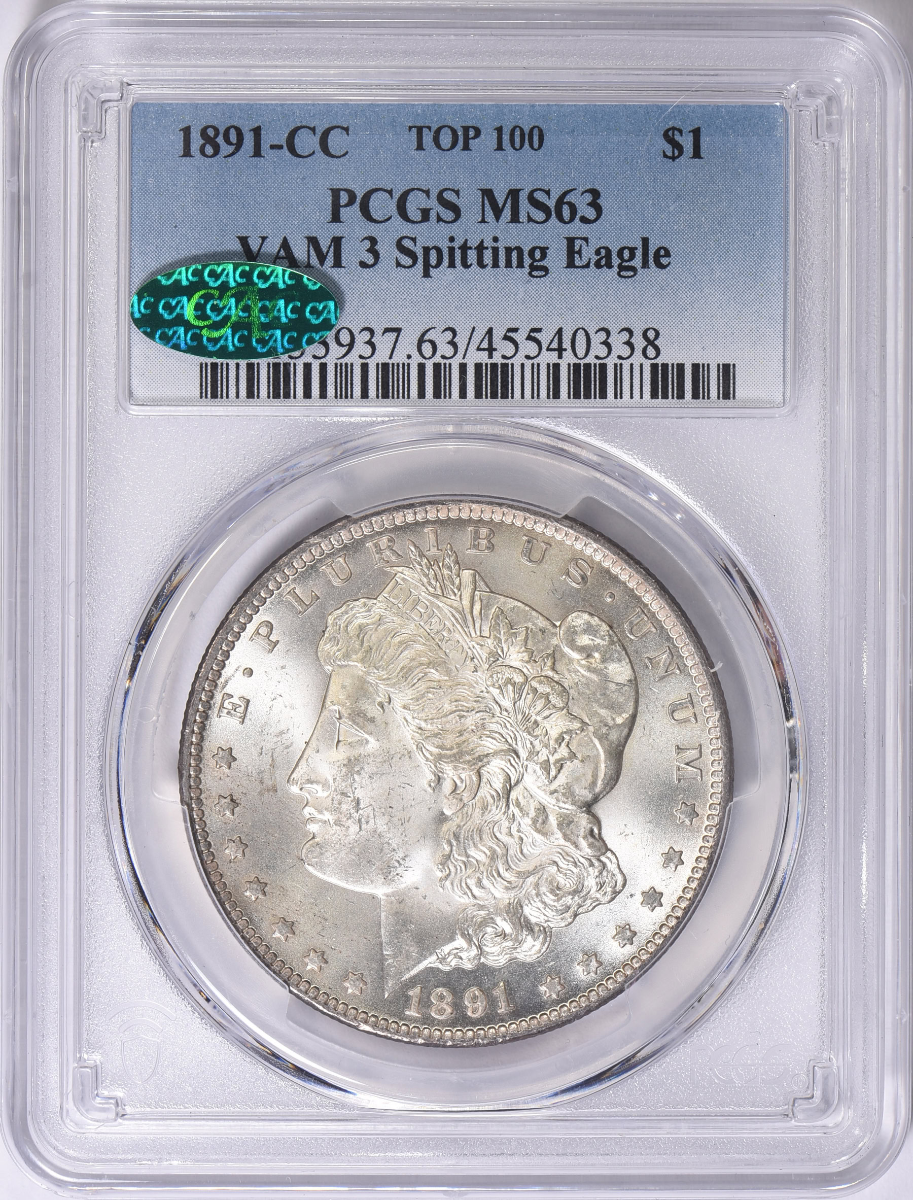 1891-CC Morgan Silver Dollar Spitting Eagle VAM-3 Top 100 PCGS MS-63 (CAC Green) (Item 1737119 ...
