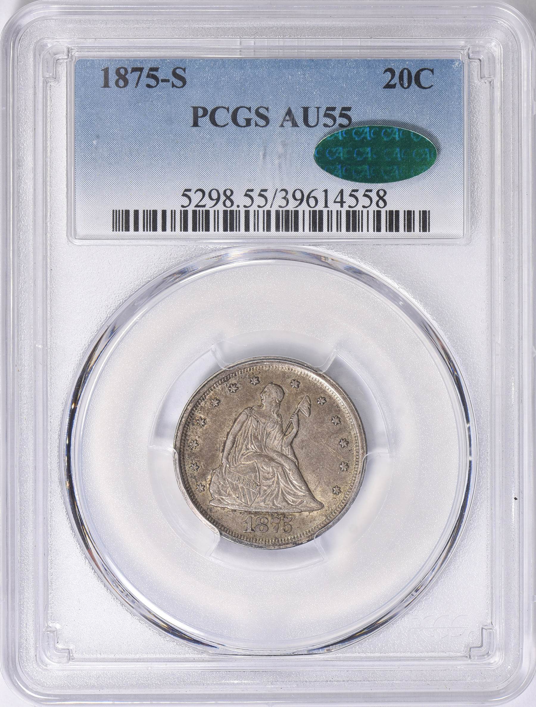 1875-S Twenty-Cent Piece PCGS AU-55 (CAC Green) (Item 1737296) | GreatCollections Coin Auctions