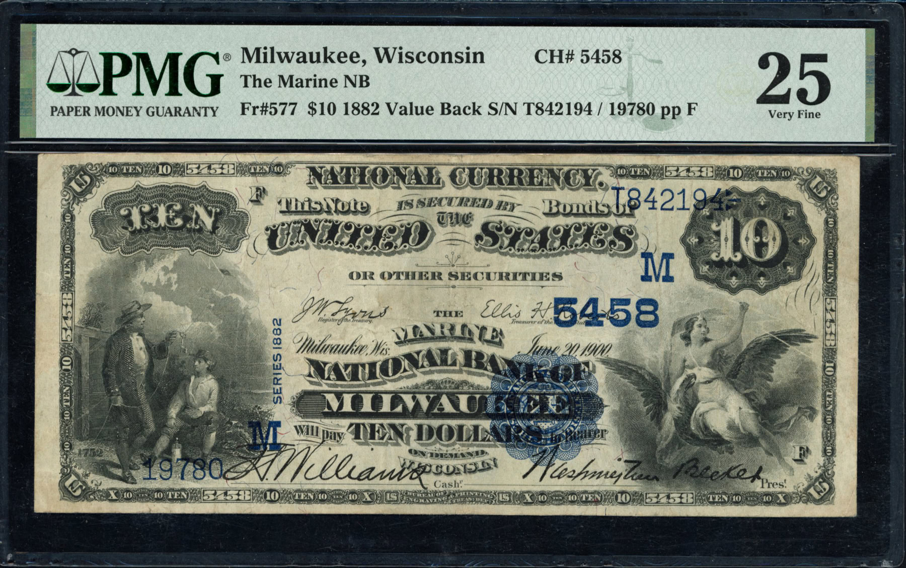 Fr. 577 Milwaukee, Wisconsin 1882 The Marine National Bank $10 Value ...